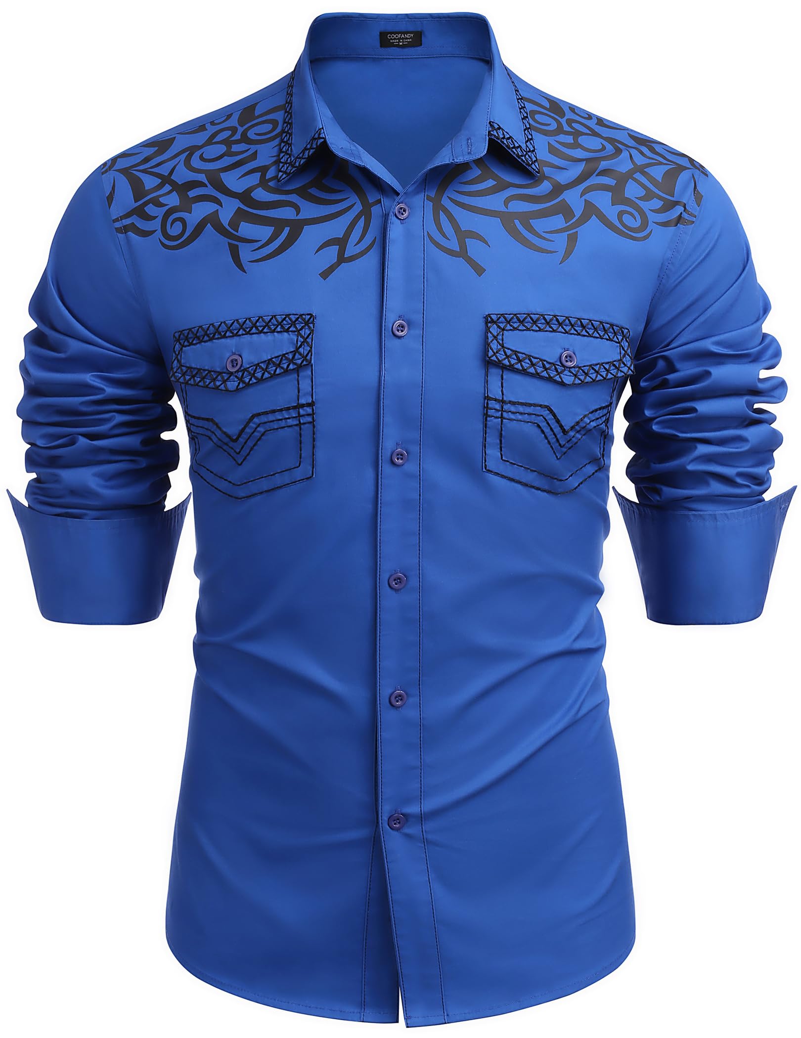 COOFANDY Men's Western Shirts Long Sleeve Embroideres Cowboy Casual Button Down Shirt Black-2 Large