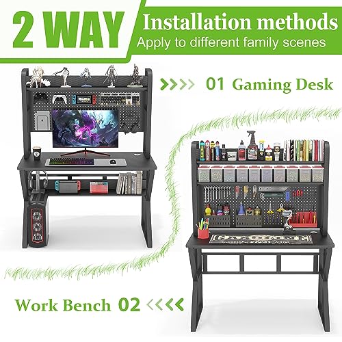 Chnnmbrn Gaming Desk with Pegboard,Large PC Table Computer Desk with Shelves,Multifunctional Workbench,Home Office Desk, Study Writing Workstation