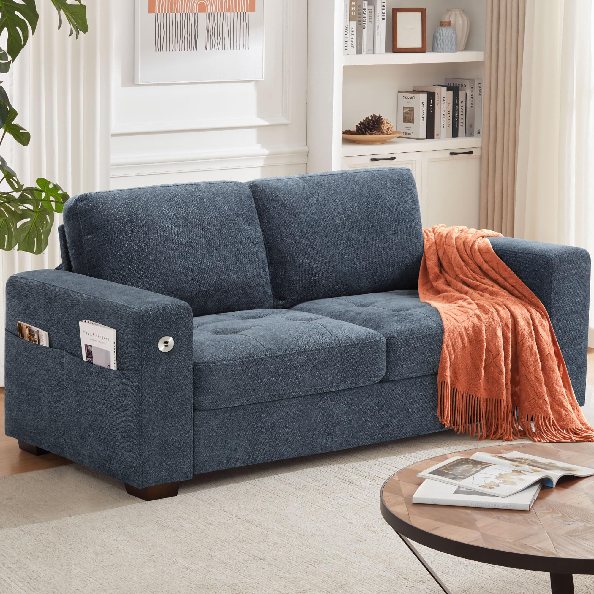 Ihanherry Sofa 70 Inch Loveseat with USB/Type-C Charging Port & Side Pocket, Comfy Modern 2-Seats Sofa for Living Room & Bedroom, Removable Medium Firm Sofa Cushion, Breathable Chenille Fabric, Blue