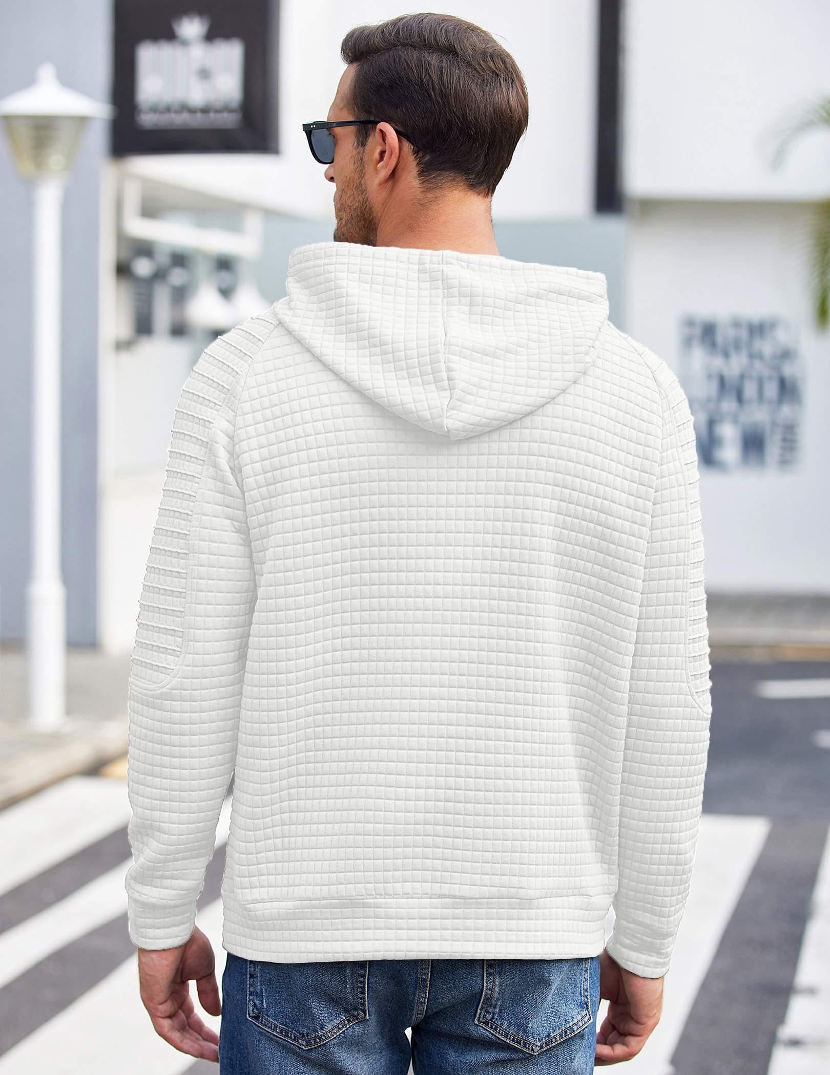 COOFANDY Men's Hoodies Pullover Pleated Long Sleeve Drawstring Knit Hooded Sweatshirt with Kanga Pocket, White, Large