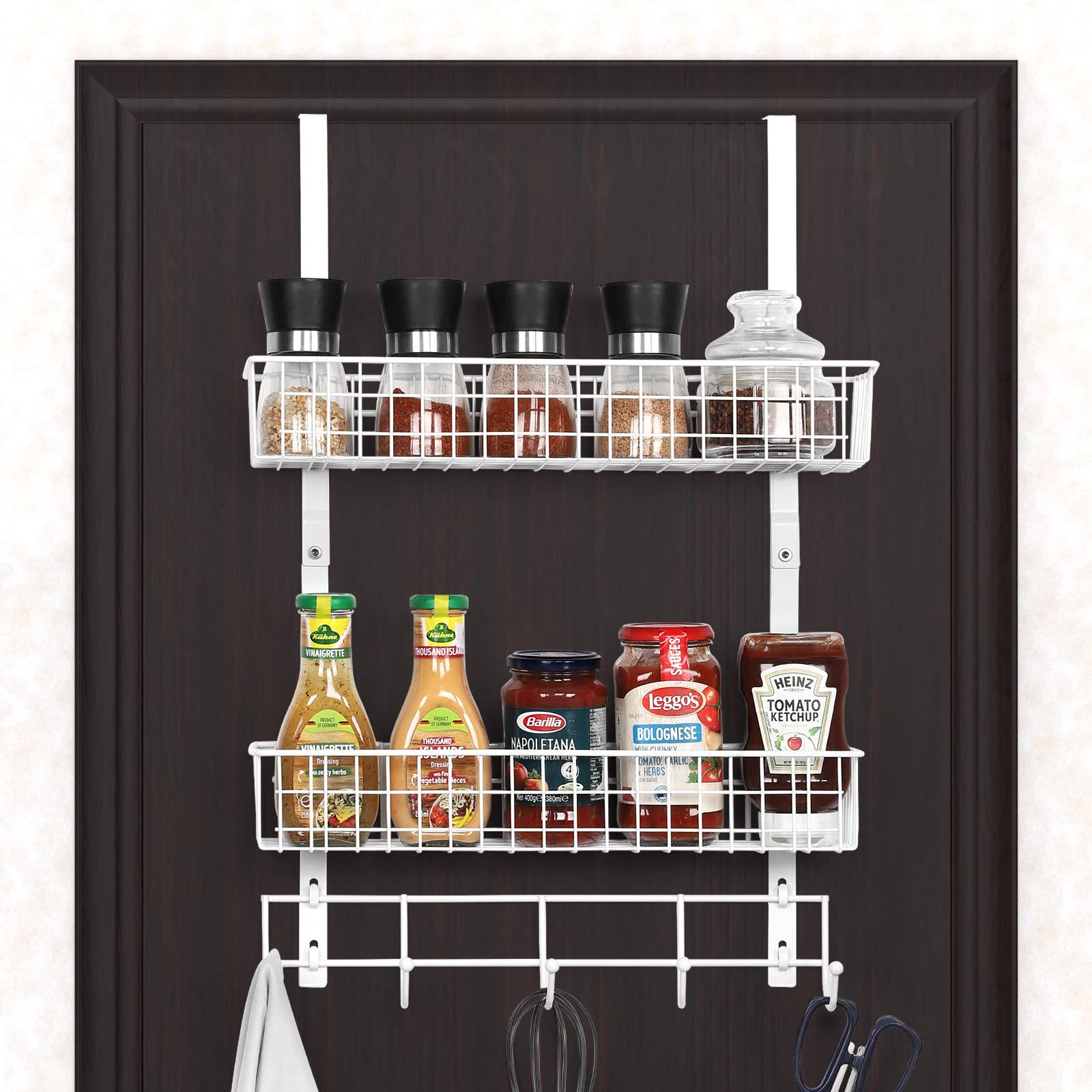 NEX The Door Hooks Shelf Organizer Hanger Towel Rack with 2 Mesh Basket 5 Hooks Storage Rack Spice Rack for Bathroom Kitchen Storage Shelves Toiletries, White