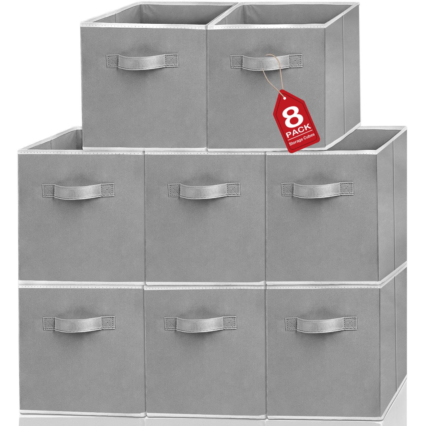 IJRPLM 8 Pack Storage Cubes,11 Inch Cube Storage Bins,Fabric Foldable Cube Baskets,Collapsible Storage Bins with Handles,Fabric Bins Storage Box For Shelf Organizing Clothes Closet Toys,Grey