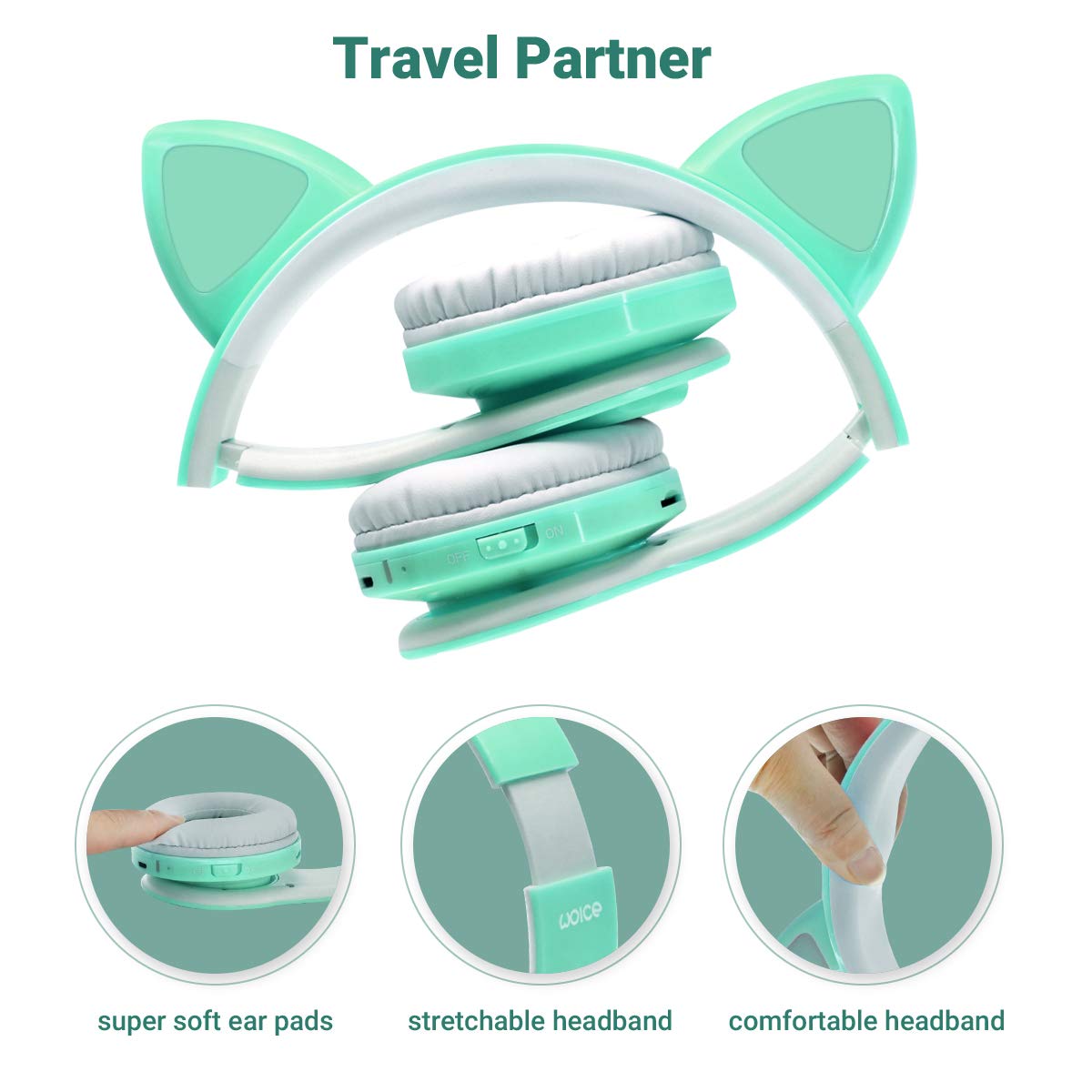 Woice Kids Bluetooth Headphones, Cat Ear LED Light Wireless Foldable Headphones Over Ear with Mic, Music Sharing Function and 0-85dB /110dB Limited for iPhone/iPad/Smartphones/Laptop/PC(Mint)