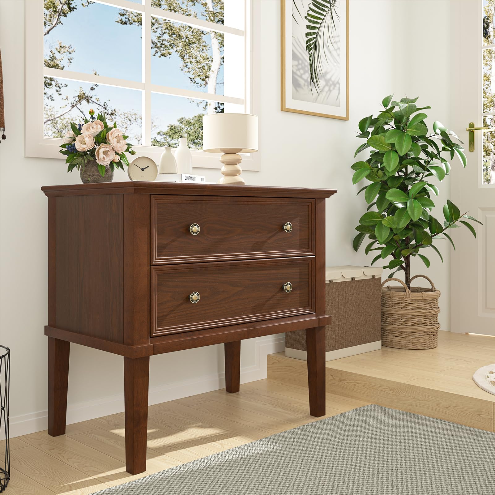 IKENO Solid Wood Nightstand with 2 Drawers, Practical Bed Side Table/Night Stand, End Table with 2 Drawers for Bedroom or Living Room (Caramel)
