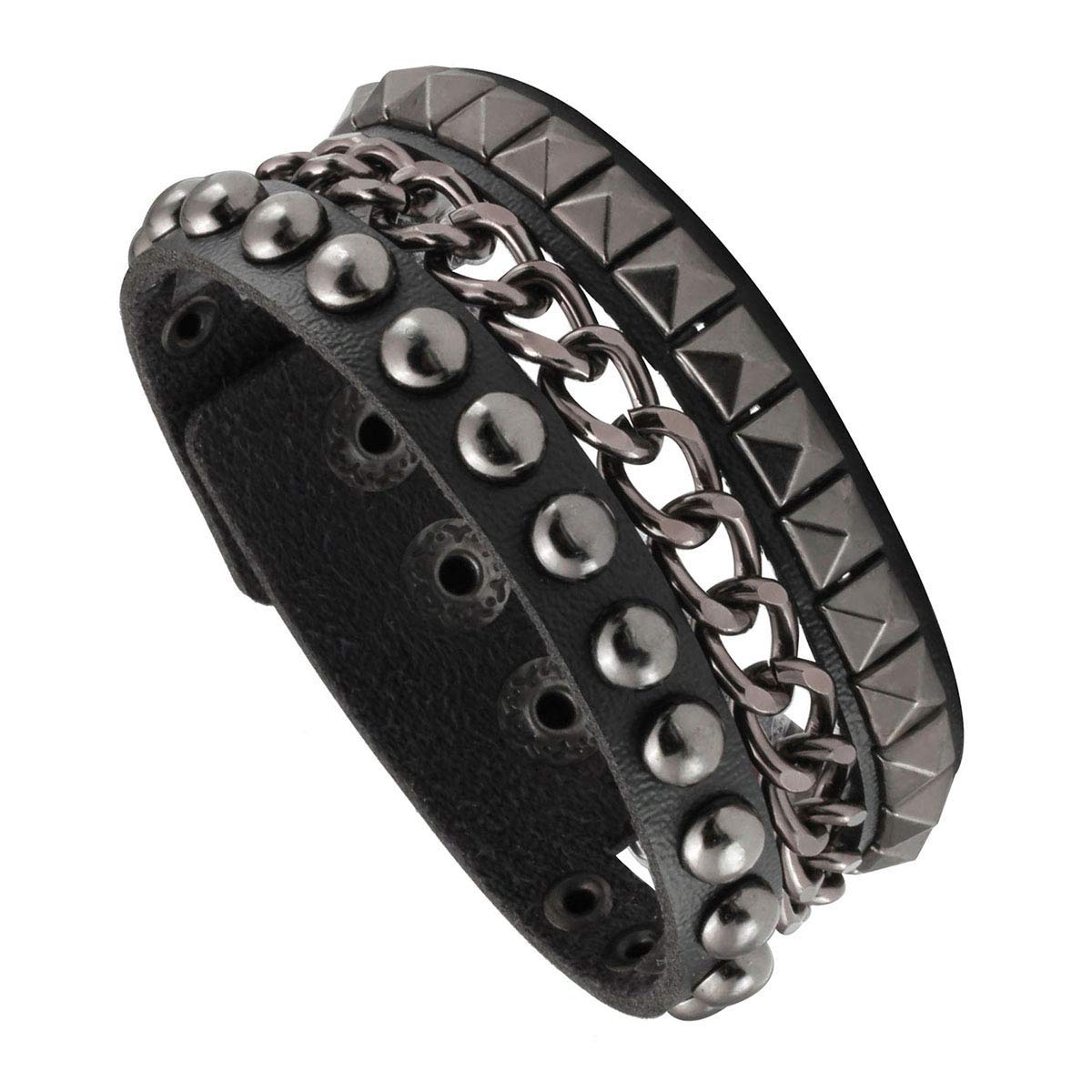 Eigso 4 Pcs Punk Leather Bracelet Hematite Black for Men Women Adjustable Spike Metal Cuff Bangle