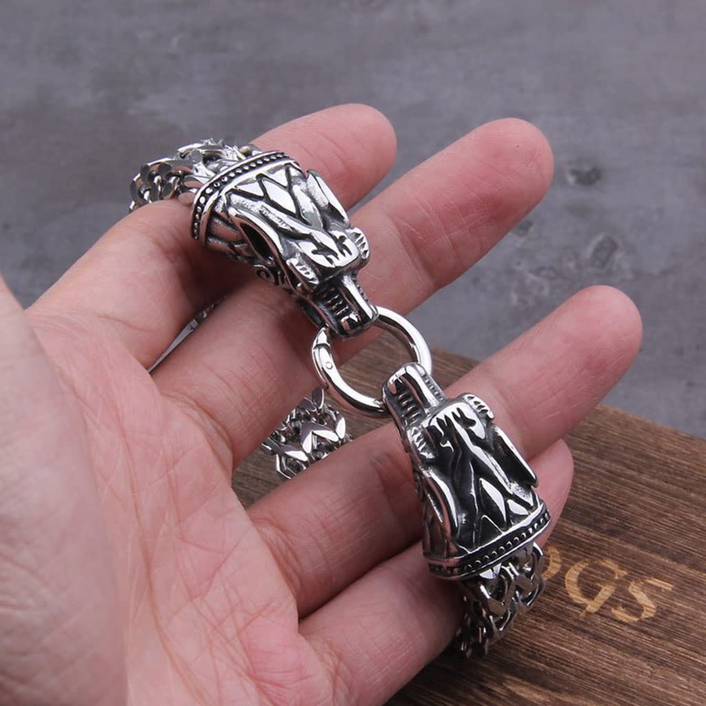 DUSALA Viking Wolf Head Bracelet, Heavy Stainless Steel Chain, Norse Scandinavian Jewelry (Color : Silver, Size : 23CM)