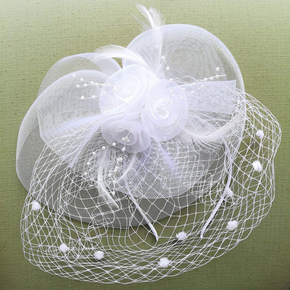 Women Cocktail Tea Party Flower Headwear Birdcage Pillbox Hat Wedding Veil Vintage Fascinator with Feather White