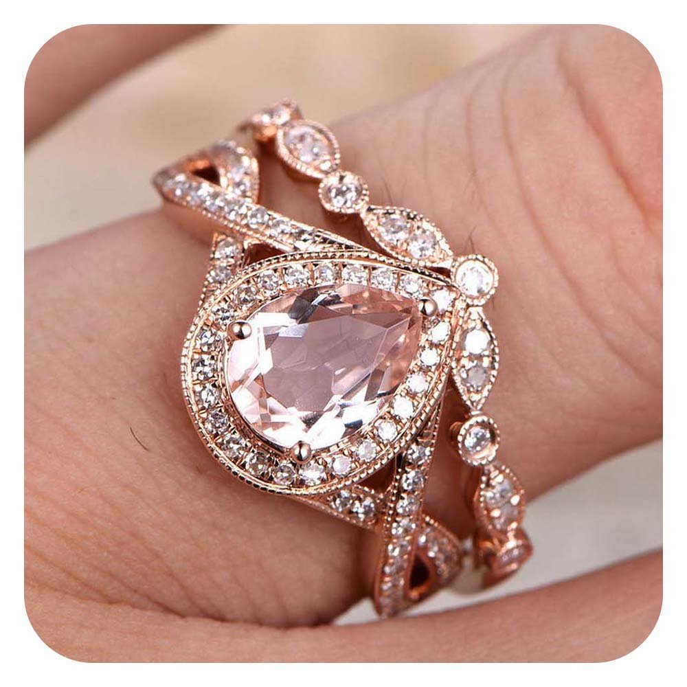 Dabangjewels Best 6x8mm Pear Cut Morganite & Diamond 18k Rose Gold Over .925 Sterling Silver Wedding Bridal Halo Ring Set