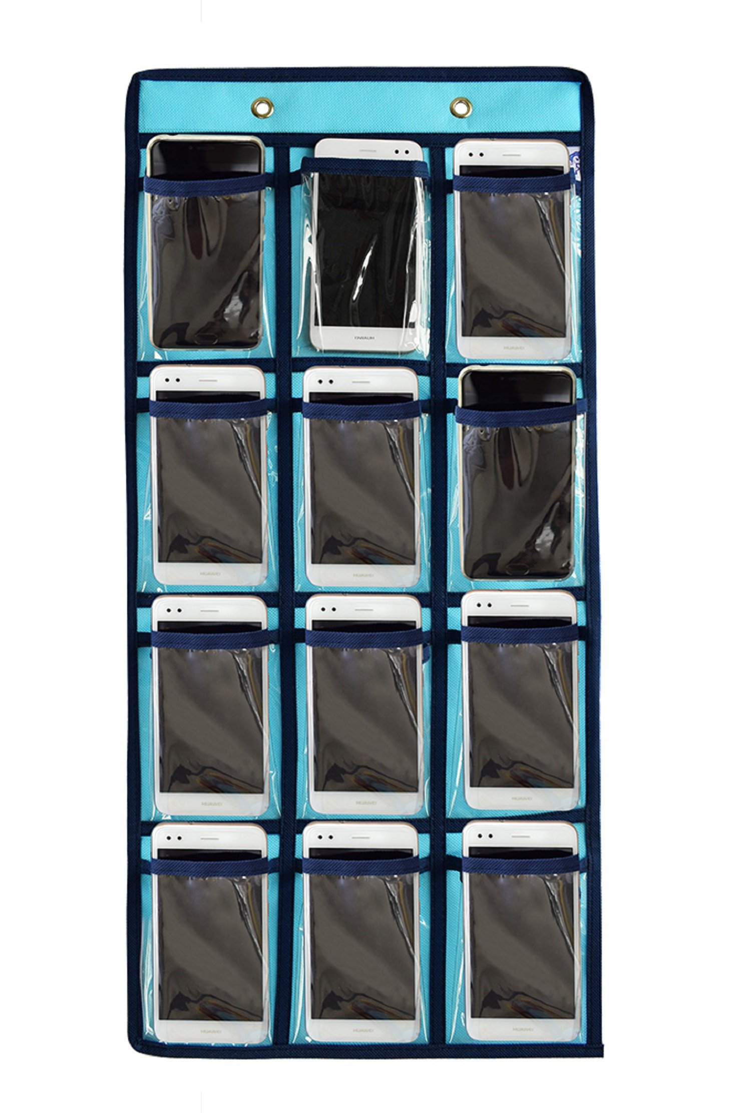 NIMES Hanging Closet Underwear Sock Jewelry Storage Over The Door Classroom Cell Phone Calculator Organizer 12 Clear Pockets (Blue)