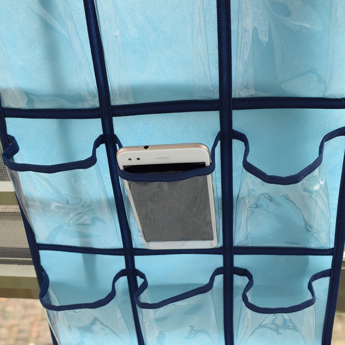 NIMES Hanging Closet Underwear Sock Jewelry Storage Over The Door Classroom Cell Phone Calculator Organizer Clear Pockets (BLUE-12 & 9 POCKETS PACK)