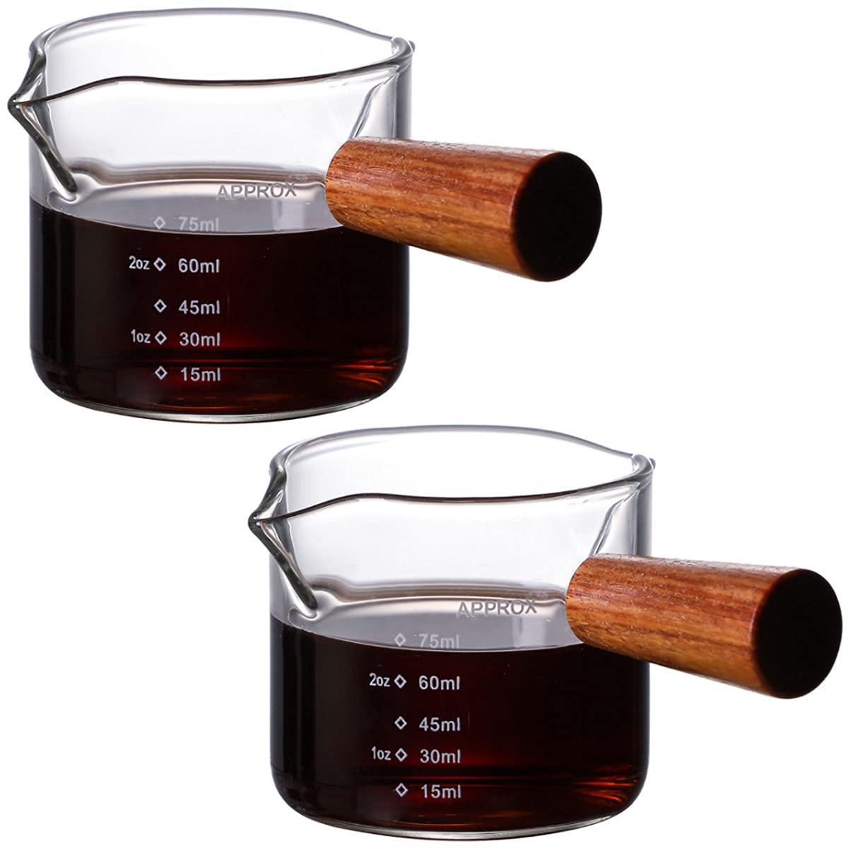 Dadamong 2-Pack Espresso Shot Glass 2.5-Ounce (75ML), Double Spouts Measuring Cup Triple Pitcher Mini Milk Cup with Wood Handle Glass Creamer for Coffee Tea Milk or Maple Syrup Serving