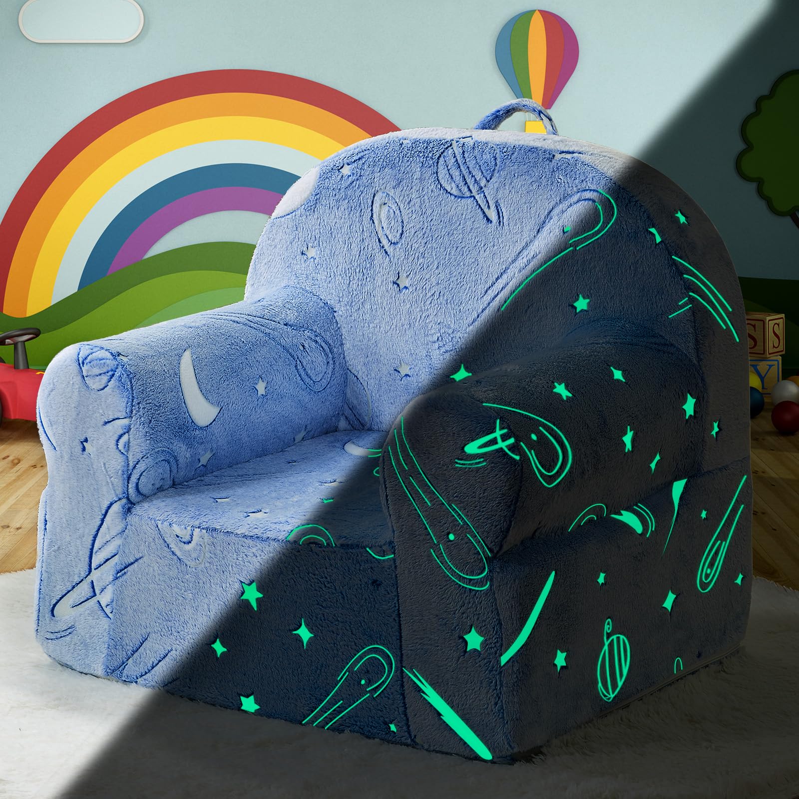 ILPEOD Toddler Chair Sherpa Couch Sherpa Kids Chair, Cuddly Comfy Toddler Plush Chair Toddler Couch Reading Chair for Kids Glow in The Dark Starry Sky Blue