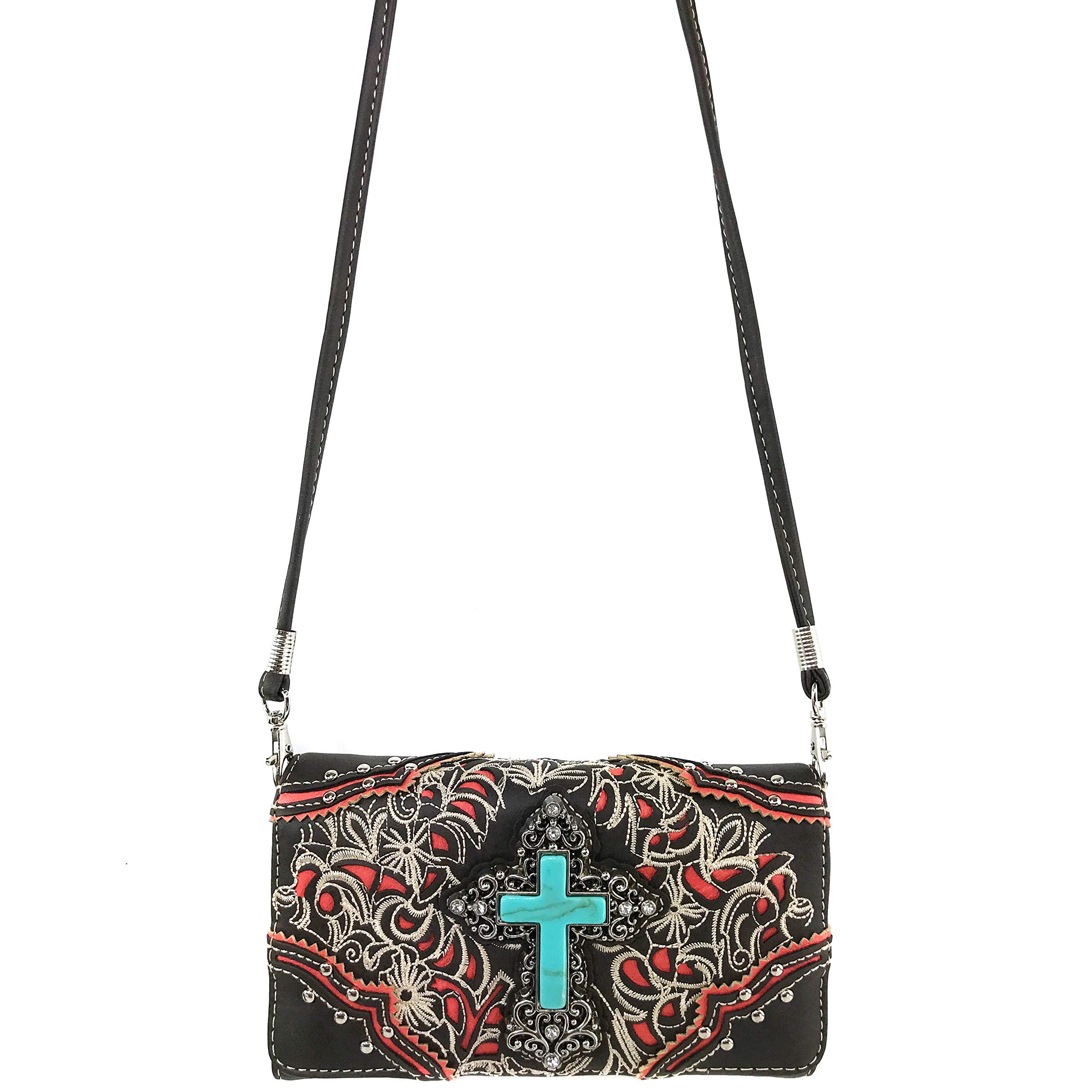 Zelris Design Western Country Cross Autumn Floral Crossbody Trifold Strap Wallet (Black)