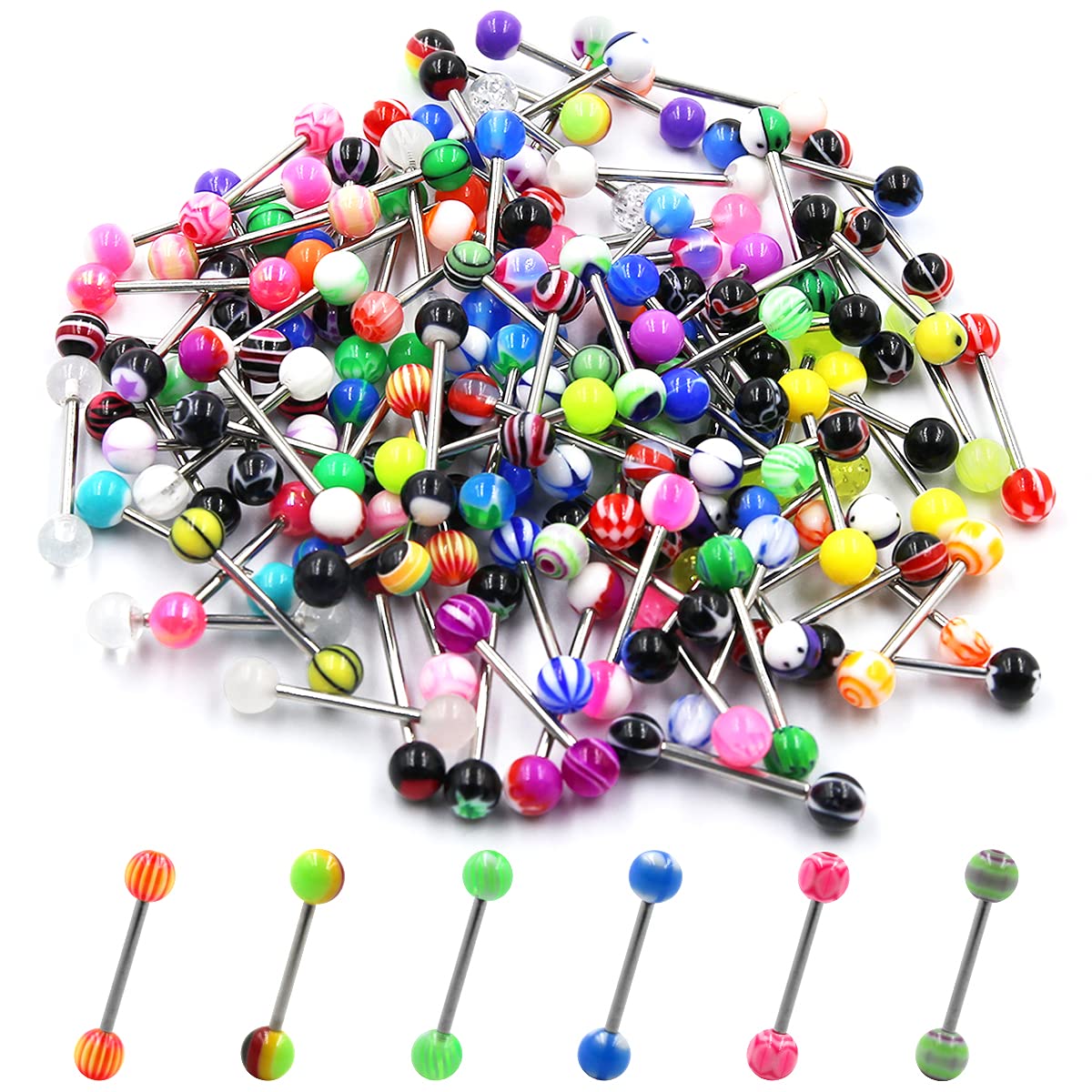DAFURIET 110 Pieces Tongue Rings, Stainless Steel 14G Nipple Tongue Rings Barbells Piercing Assorted Candy Color