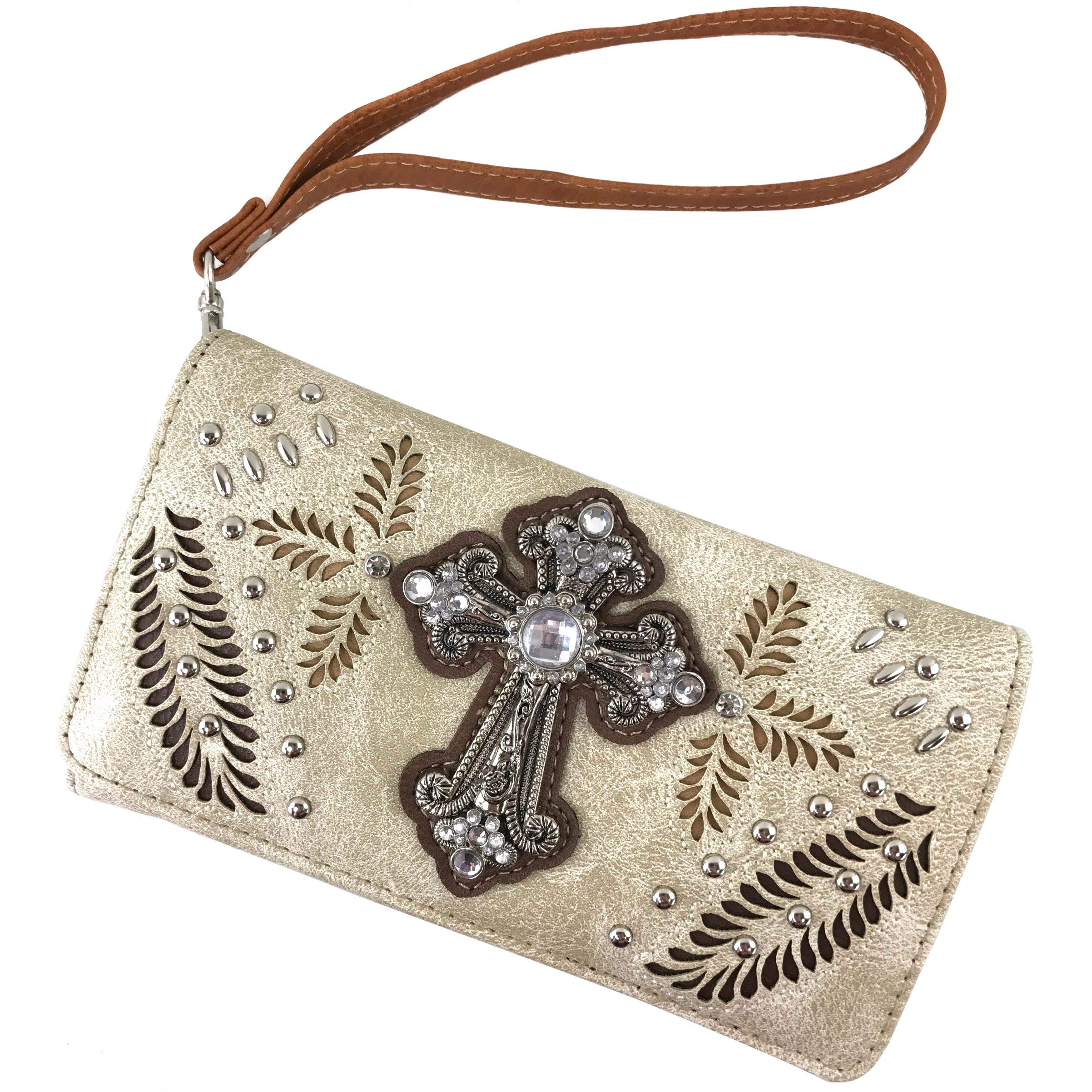 Zelris Fall Fern Leaf Western Cross Women Conceal Carry Handbag Wallet Set (Beige)