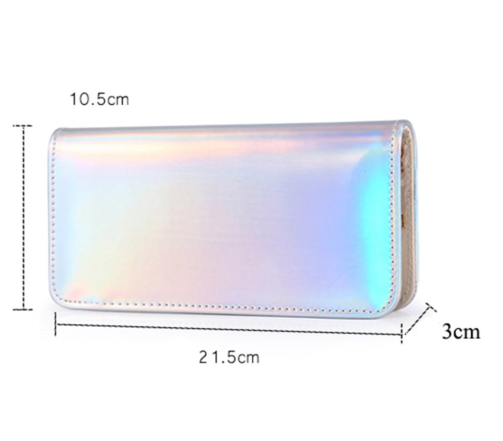 YAIRYANGTZE Hologram Slim PU Leather Wallet with Zipper Long Clutch Wallet Purse for Women (Silver)