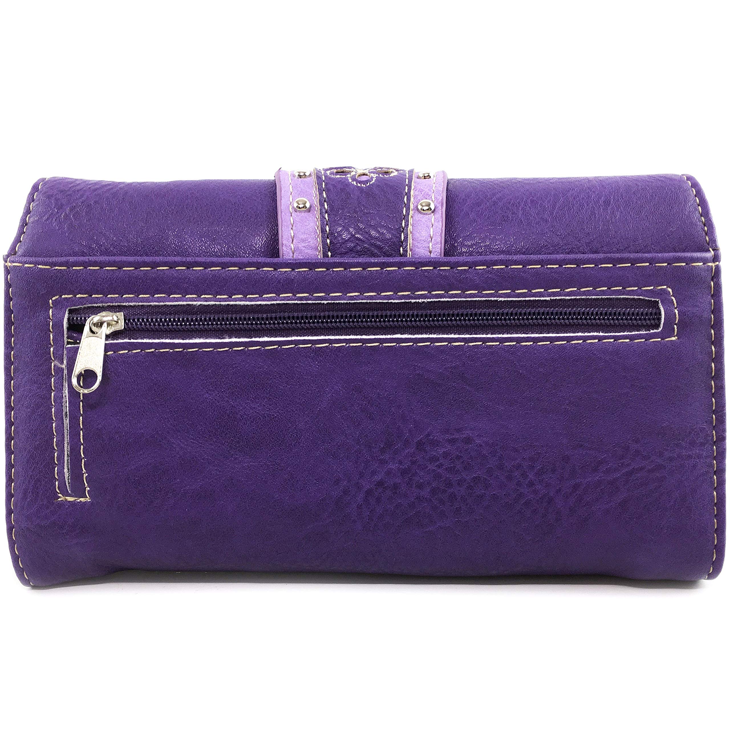 Zelris Western Floral Blossom Buckle Women Crossbody Wrist Trifold Wallet (Purple)