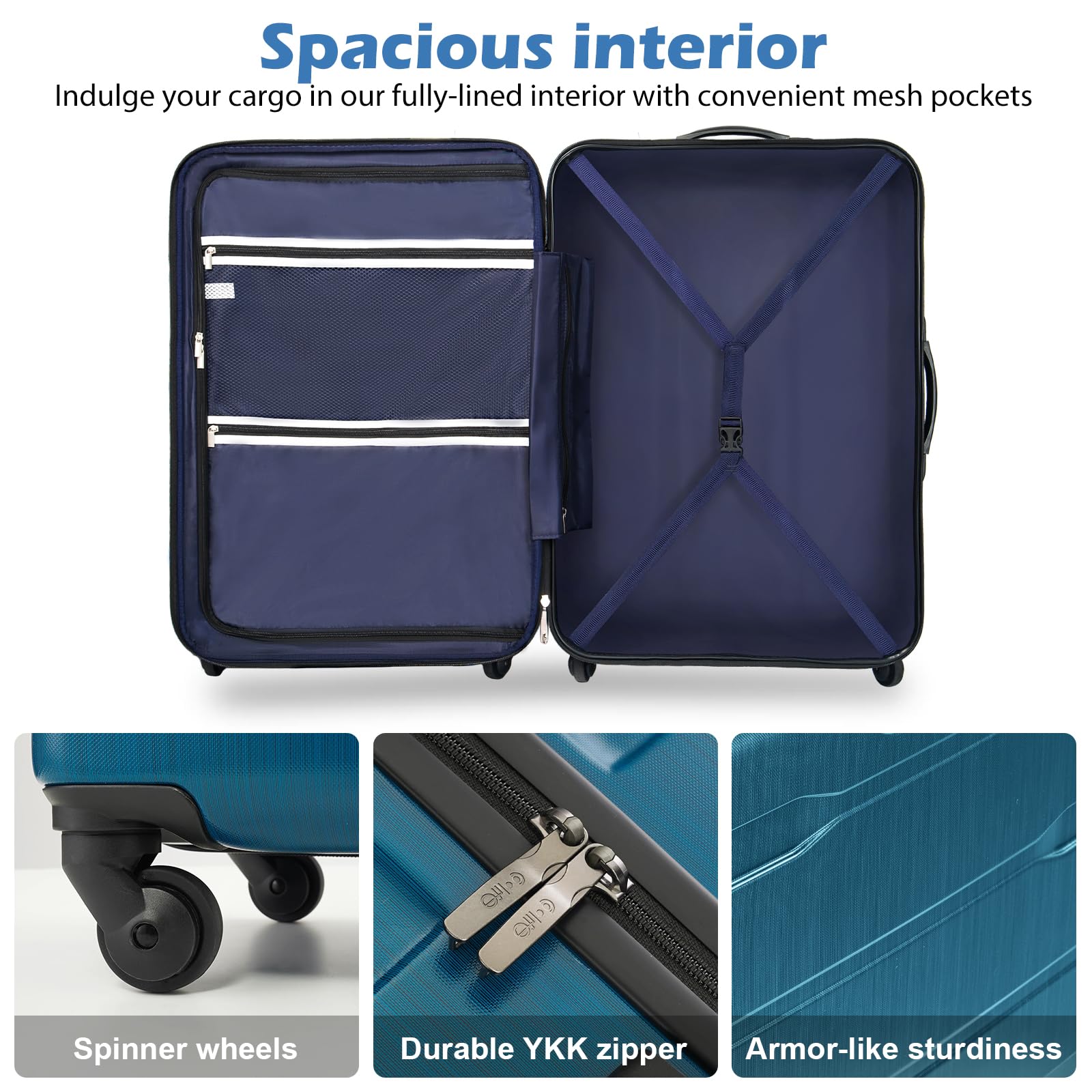 Coolife Luggage Expandable(only 28") Suitcase PC+ABS Spinner Built-In TSA lock 20in 24in 28in Carry on (Caribbean Blue., L(28in).)