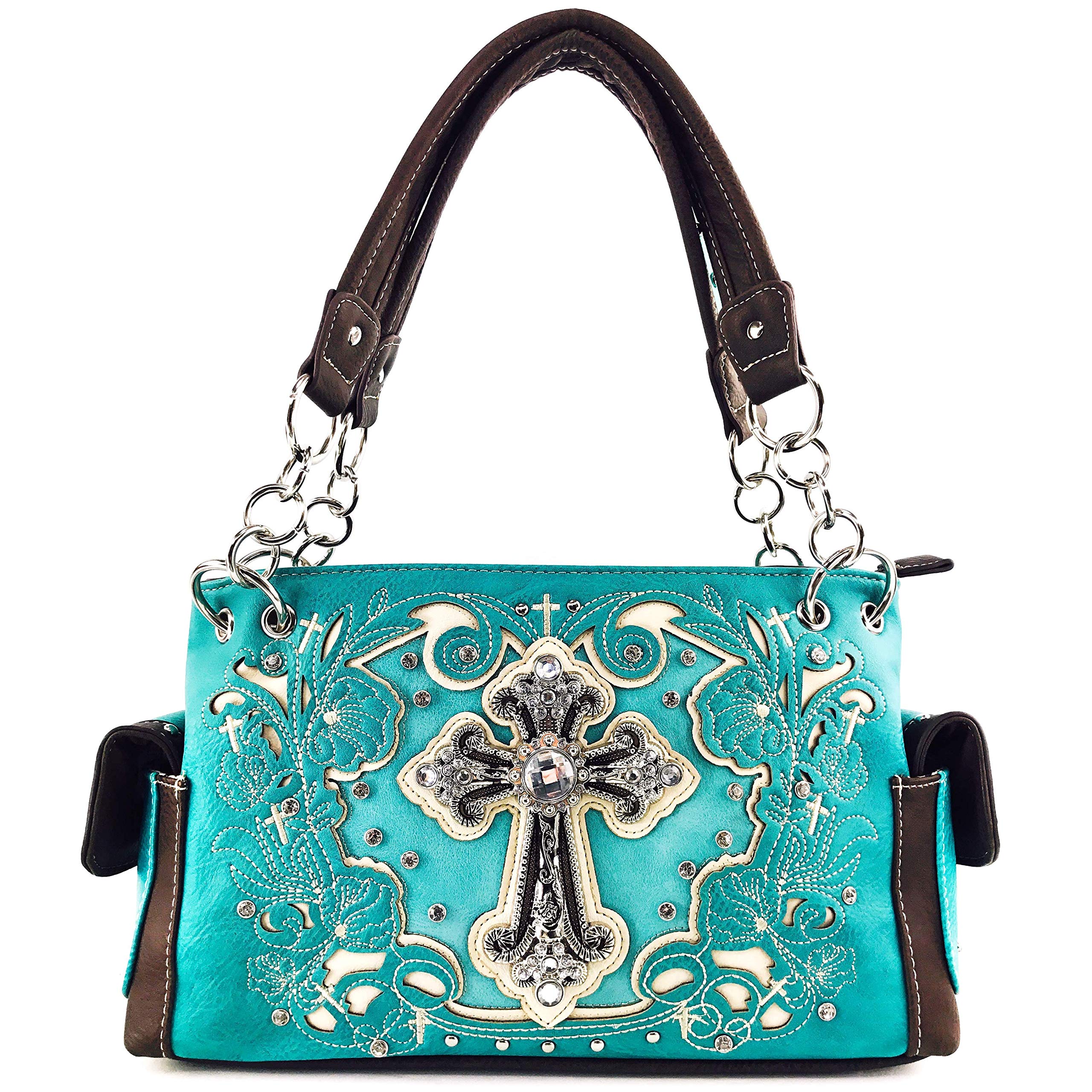 Zelris Western Floral Blossom Cross Women Conceal Carry Shoulder Handbag (Turquoise)