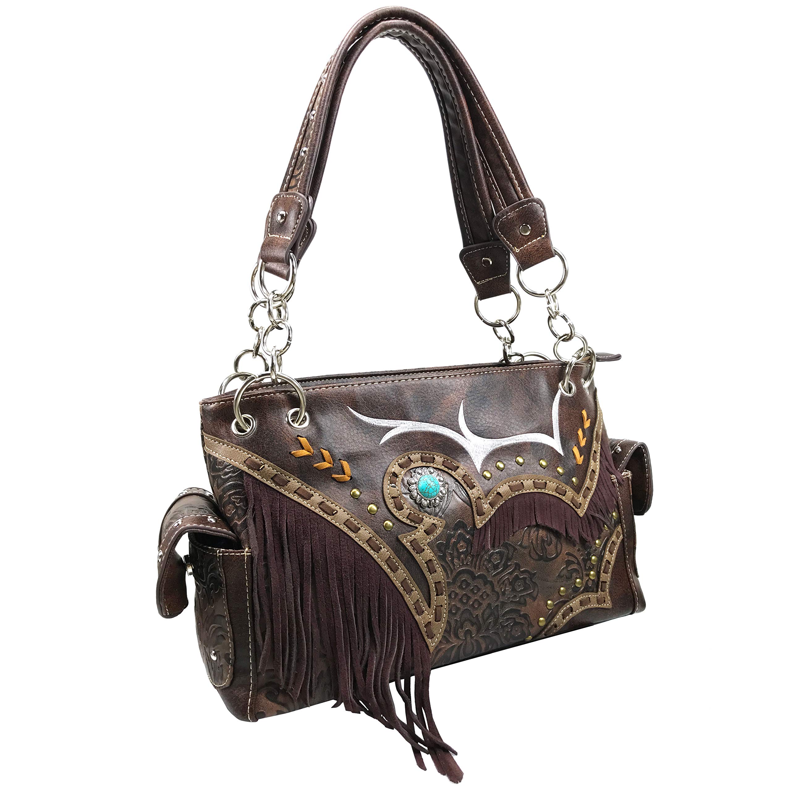 Zelris Women Shoulder Handbag Wallet Set Turquoise Concho Suede Fringe Two Tone Cowgirl Conceal Carry Purse (Western Brown)