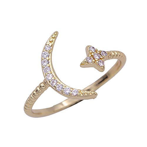 Dainty Crescent Moon Ring Gold Micro Pave Moon Star Jewelry Open Size Adjustable Stackable