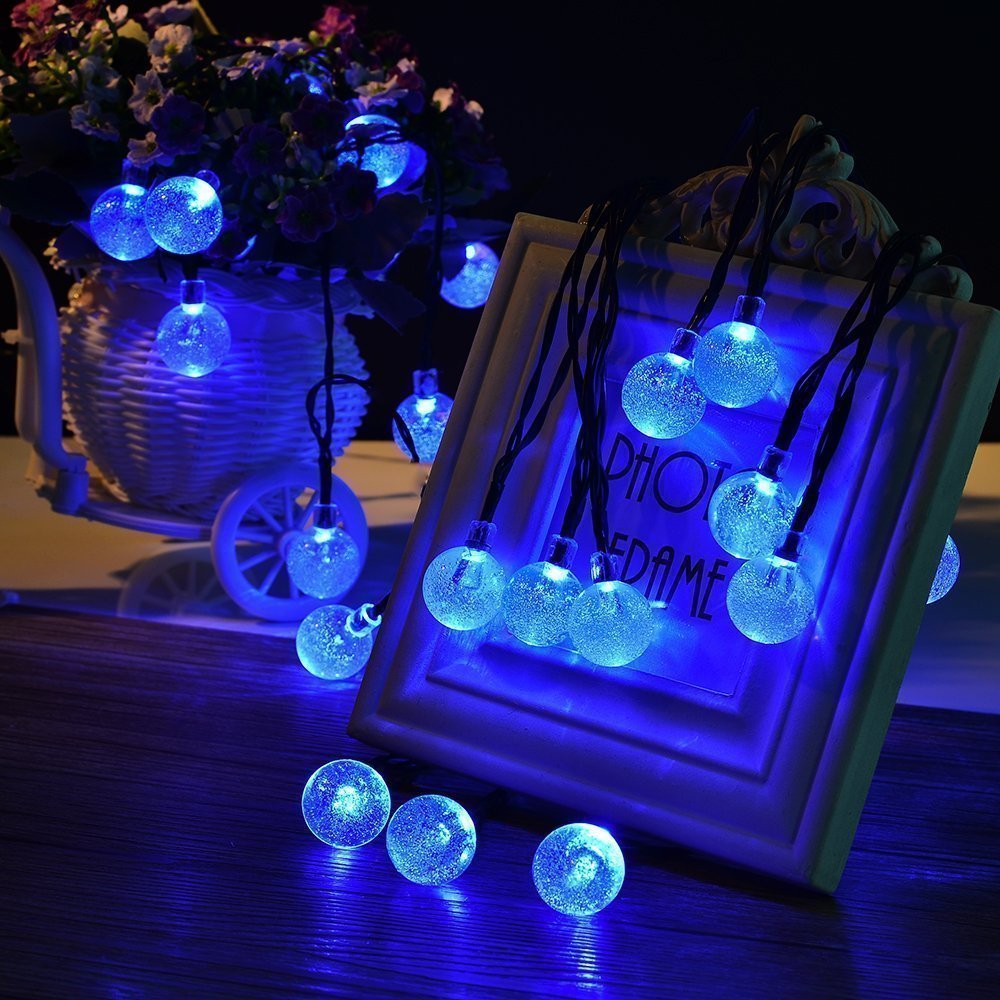 WONFAST Solar String Lights, 20ft 30 LED Crystal Ball Solar Powered Outdoor Globe Fairy String Lights for Homes,Christmas,Gardens,Wedding,Party Decoration (Blue)