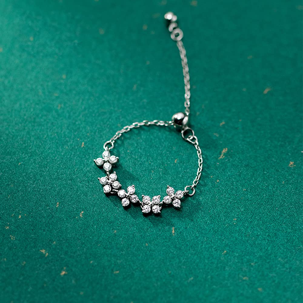 Dainty Flower Finger Rings Sterling Silver 925 for Women Cute Cubic Zirconia Crystal Adjustable Threader Tassel Chain Ball Statement Stacking Ring Tail Band Jewelry Gifts BFF