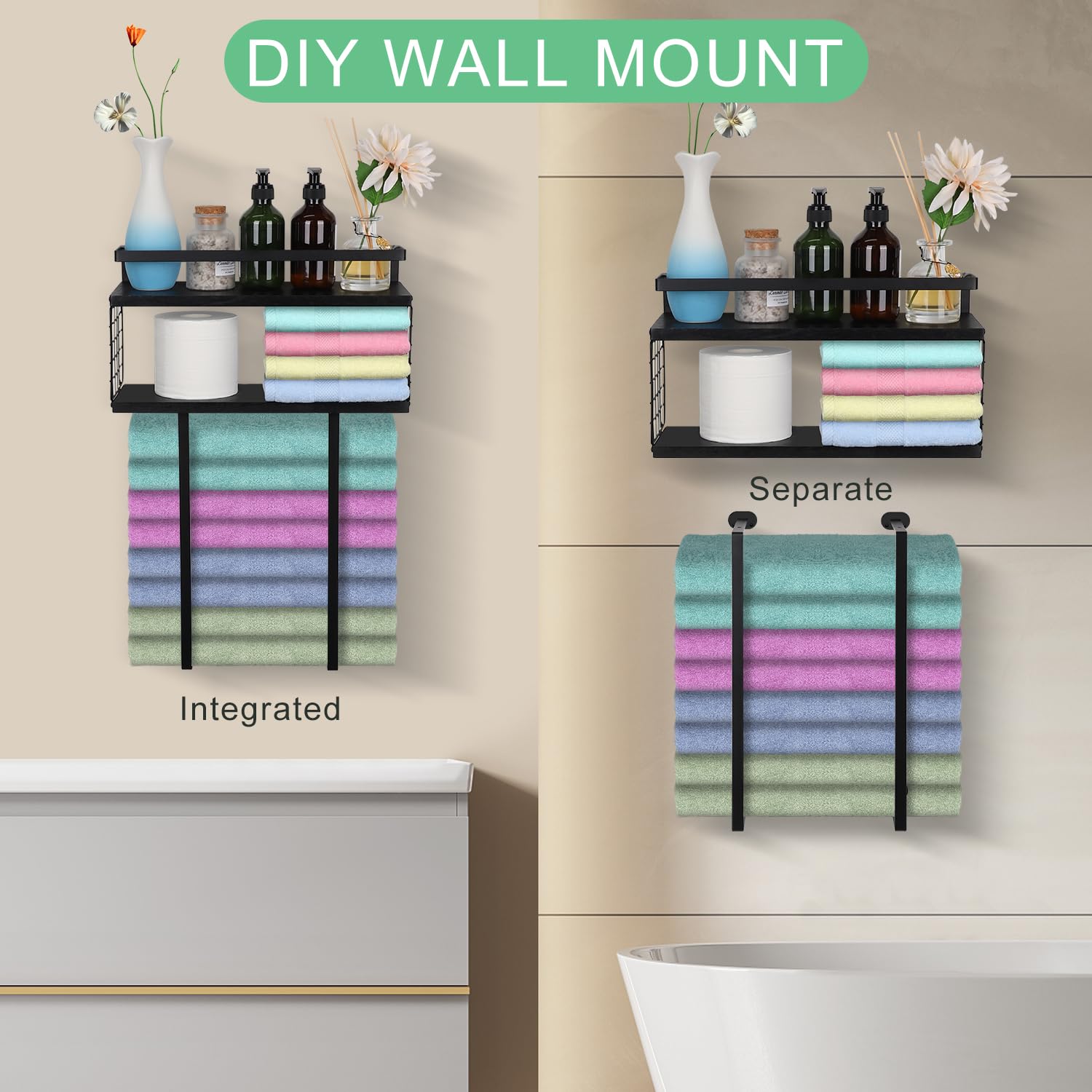 HOTEC Wall-Mounted Towel Rack for Bathroom with Large Capacity Shelf Space Saving Towel Holder for Bathroom Storage, for Small Bathrooms, Apartments, RVs Durable and Stylish Metal and Wood Design