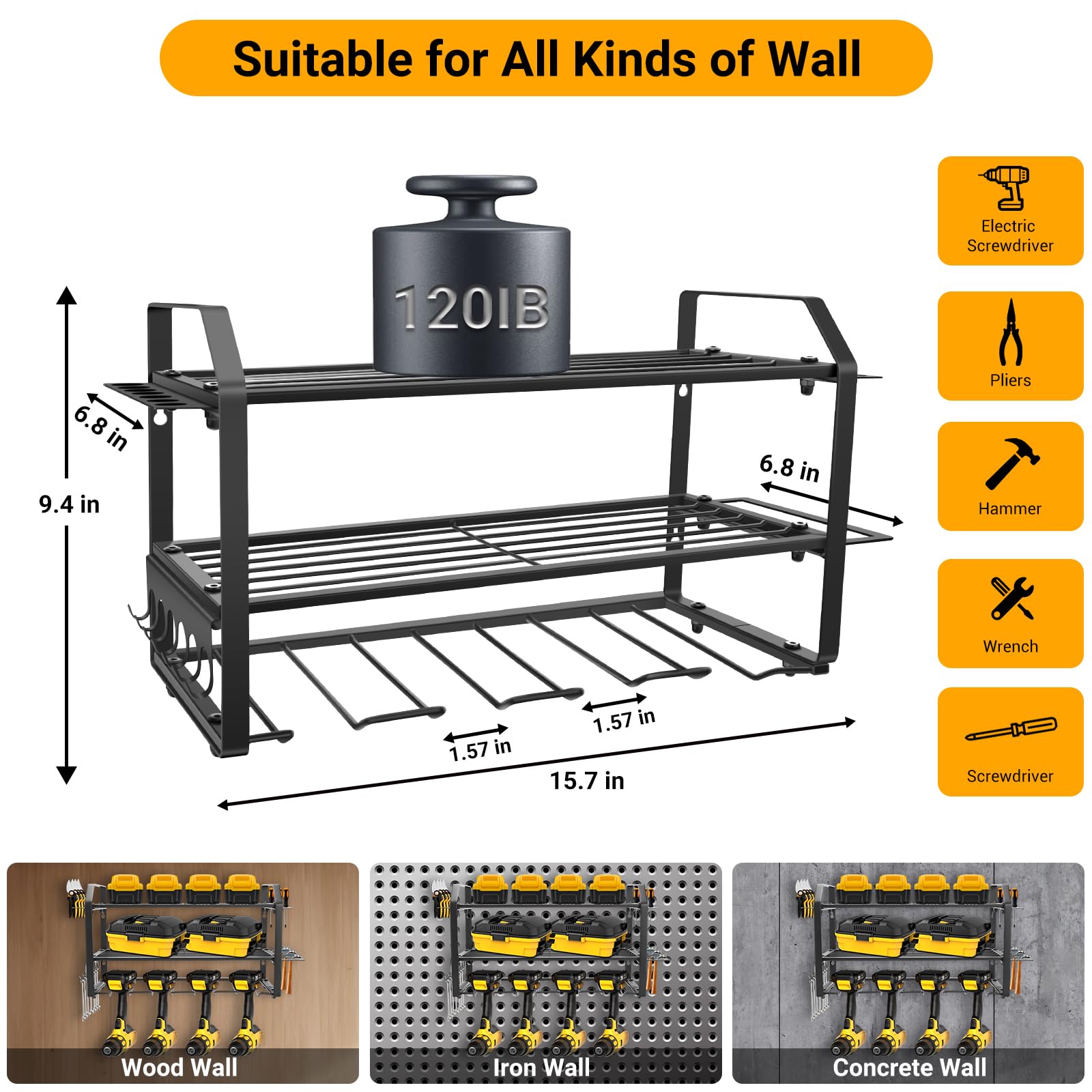Power Tool Organizer Heavy Duty Wall Mount Tool Storage, Large Capacity Garage Organization Metal Utility Racks with 4 Drill Holders and Tool Slots