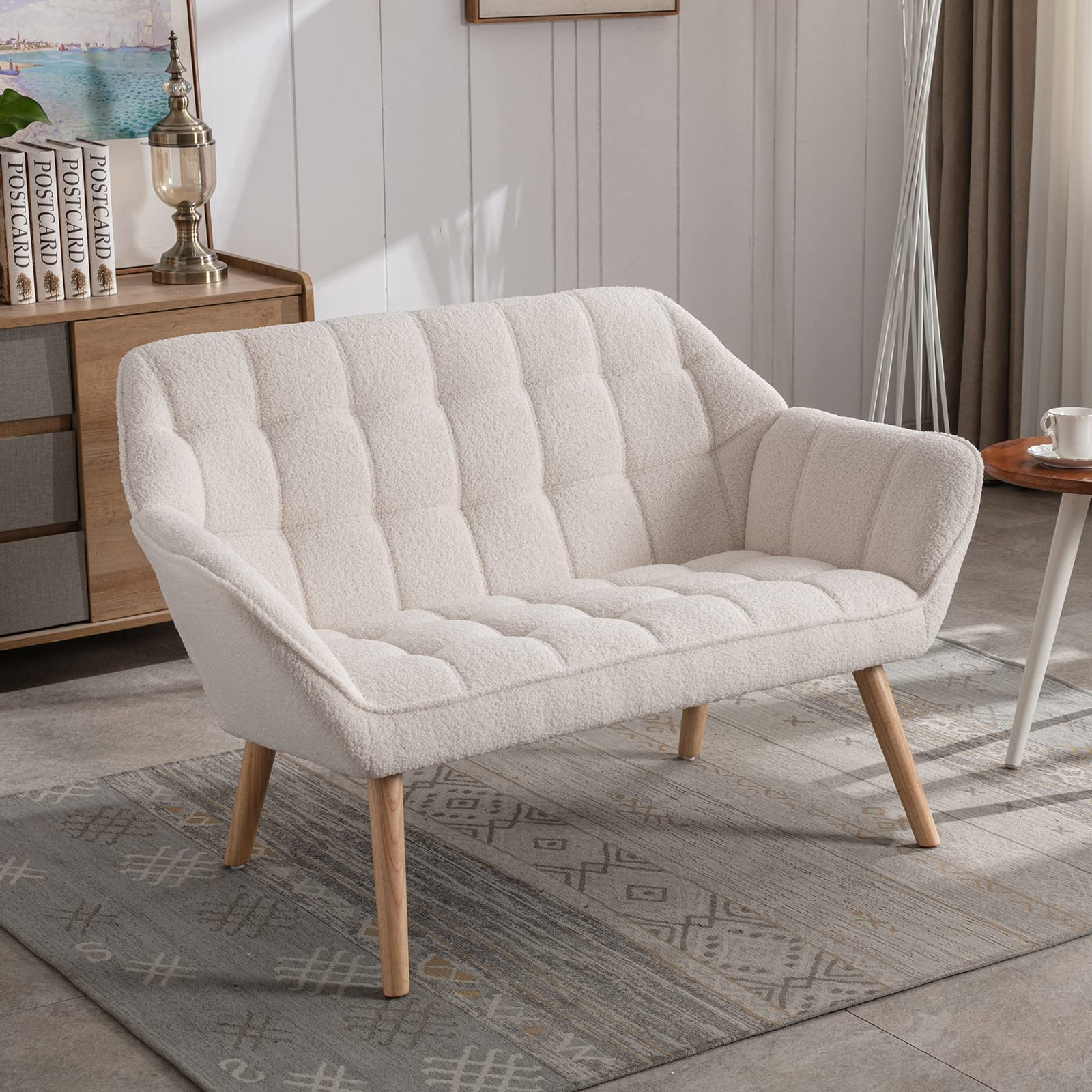 Guyou Small Loveseat for Bedroom 2-Seat Mini Sofa Couch with Wingback and Wood Legs for Living Room Apartment Small Space Fluffy Love Seat, White Sherpa