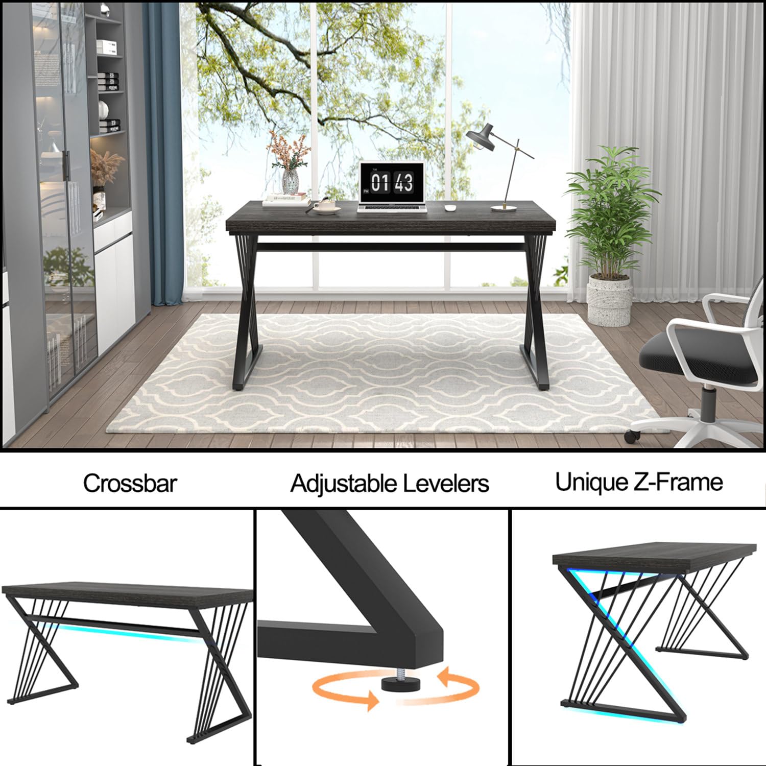FOLUBAN Modern Home Office Desk, Rustic Wood and Metal Computer Desk, Writing Study Gaming Table PC Desks for Living Room Bedroom, Industrial Dark Gray, 53 inch