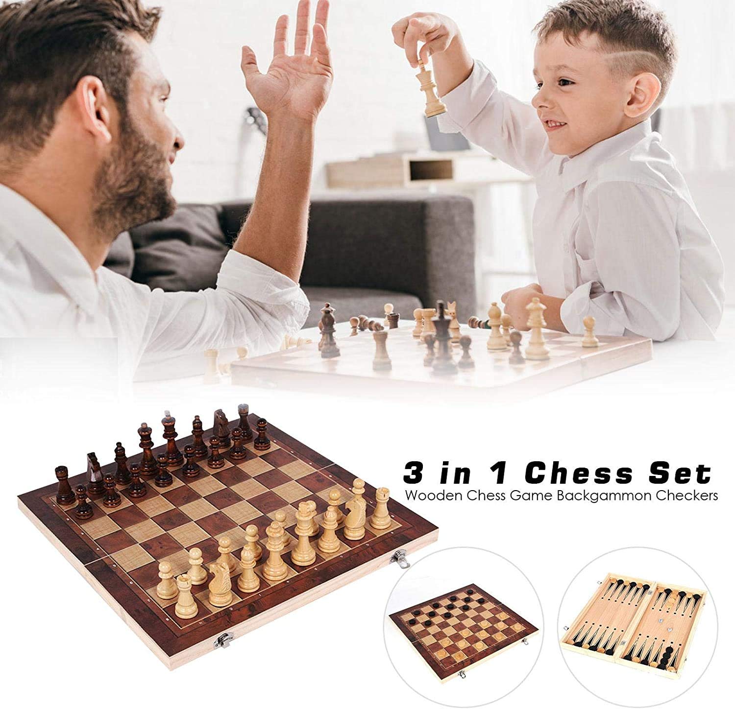 Wooden Chess Set Folding, 3 in 1 Wooden Chess Checkers Backgammon Set with Storage for Pieces - for Adults Beginners and Kids Aged 4+