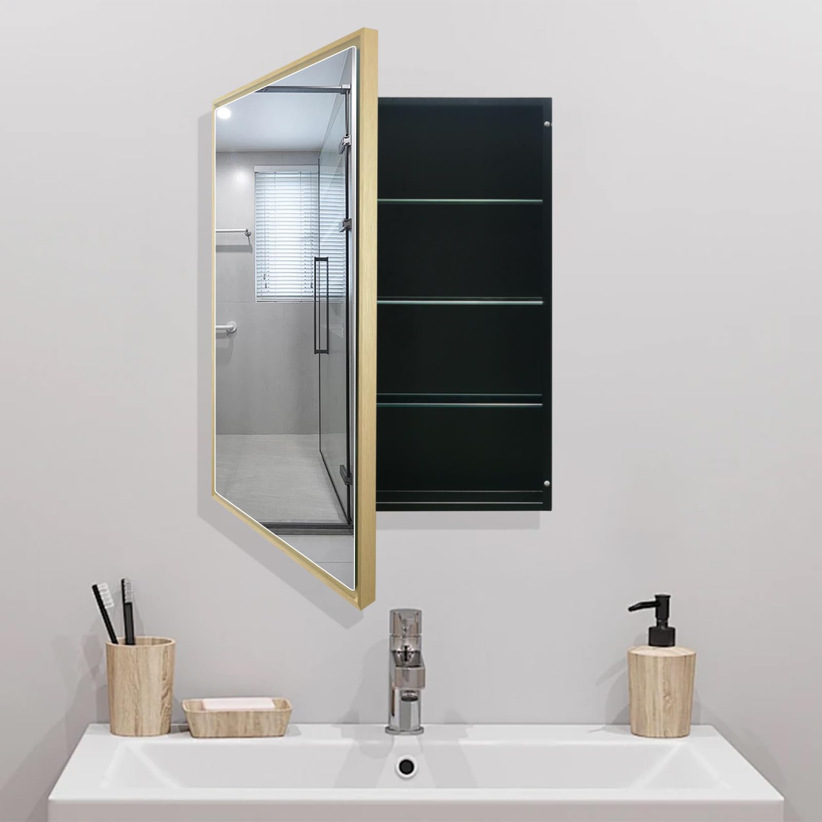 FOMAYKO Bathroom Medicine Cabinet with Aluminum Framed Mirror,24"x30" Surface Mount Bathroom Vanity Mirror,Single Door Gold Bathroom Mirror with Storage Cabinet