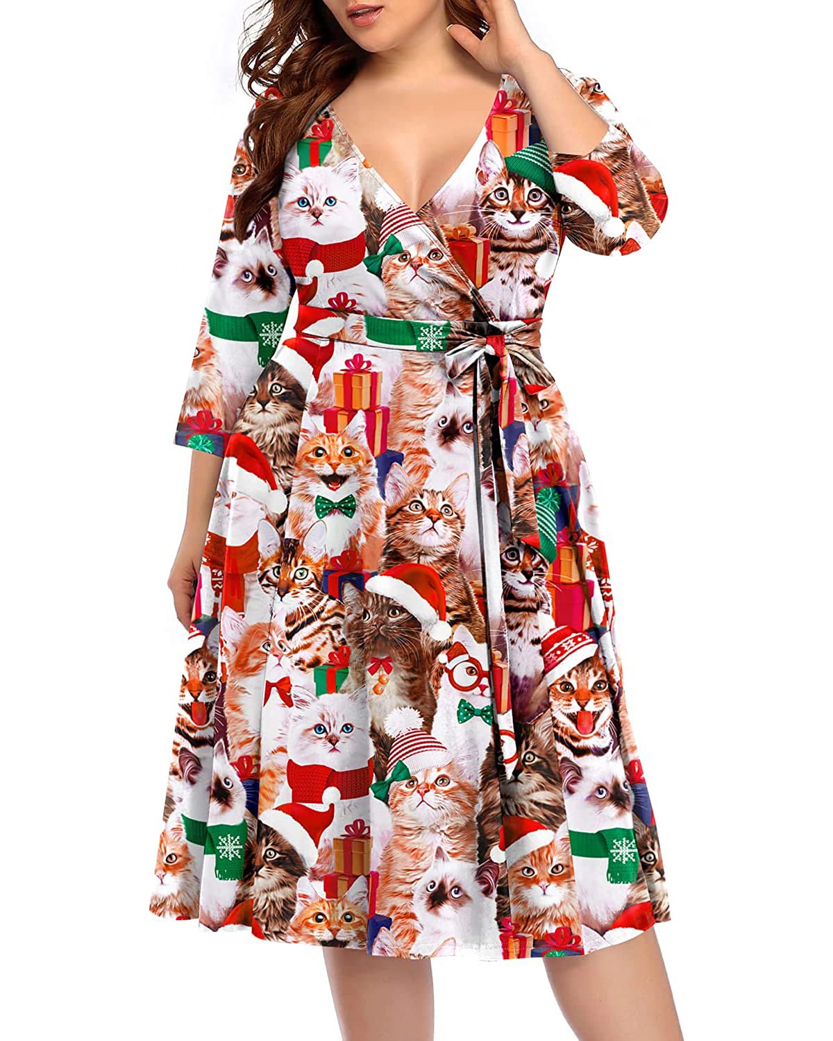 Christmas Dresses Women Plus Size Cat Print Meowy Cute Holiday Casual Long Sleeve Xmas Ugly Wrap Fall 2022 Midi Dress