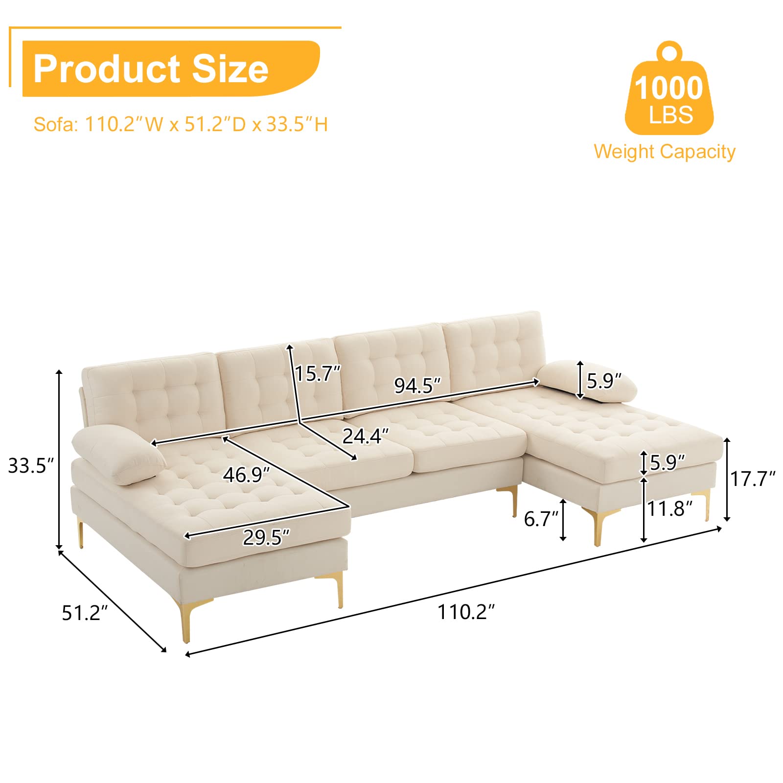 Imseigo 110" Modern Large Reversible Sectional Sofa,Modular Living Room U-Shape 4-Seater Couch with Linen Fabric for Small Space,with Extra Wide Chaise Lounge (Linen Fabric, Lattice Creamy White)