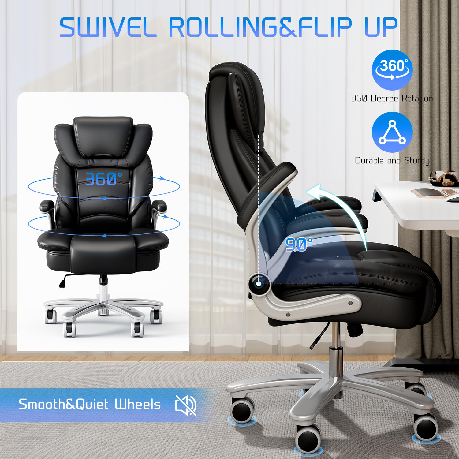 GYI Big and Tall Office Chair 400lb Wide Seat, High Back Leather Executive Office Chair with Flip-up Arms, Ergonomic Computer Desk Chairs for Home Office, Black