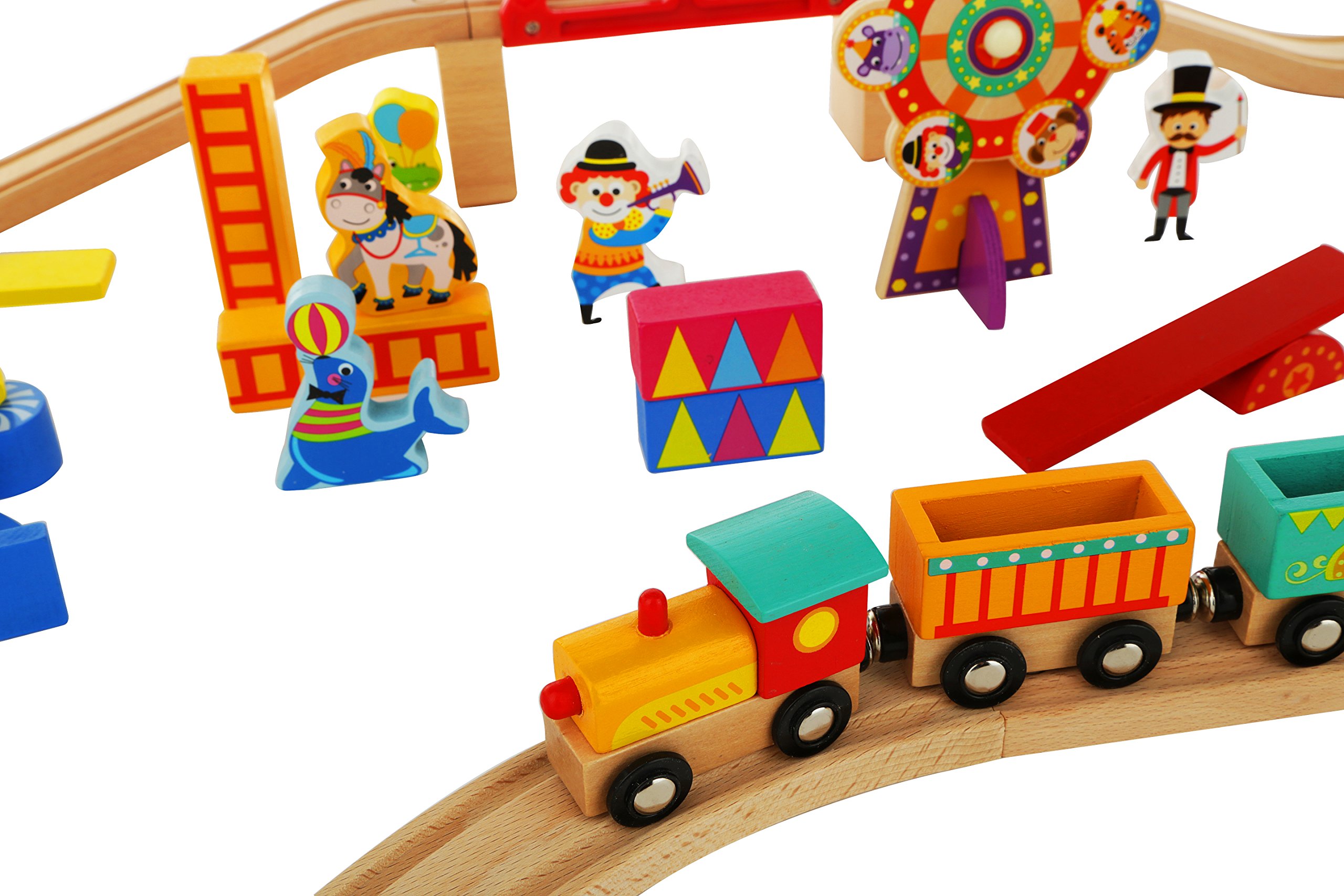 Wooden Train Set Toy Magnetic Trains Cars & Accessories for Toddlers & Kids 3+ Circus Train Set