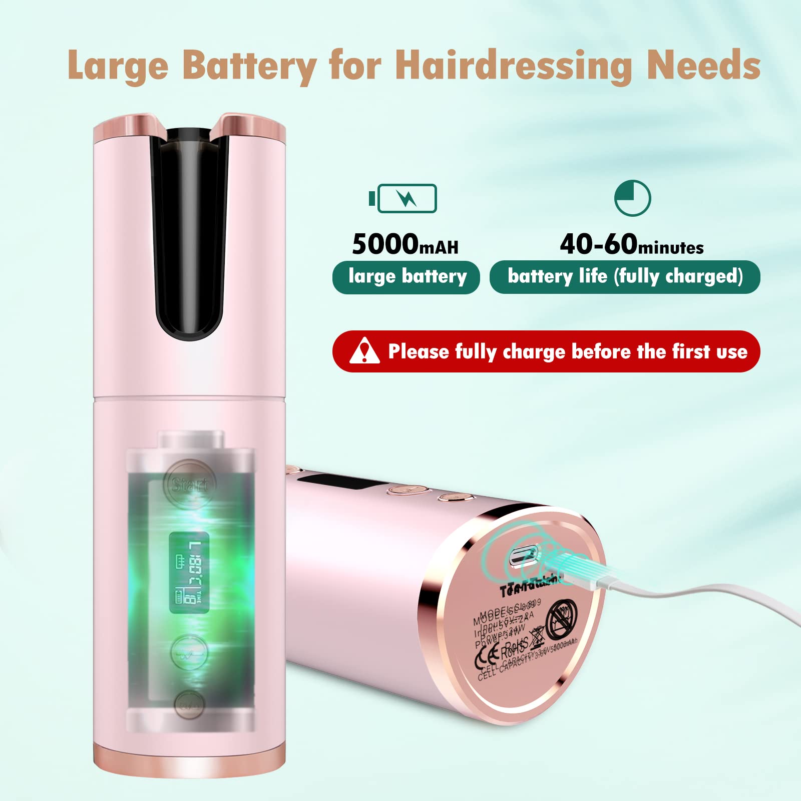Cordless Automatic Hair Curler, Auto Curling Iron with LCD Display Adjustable Temperature & Timer, Ceramic Hair Curler USB Charging and Rechargeable, Portable Hair Styler for Travel (Pink)