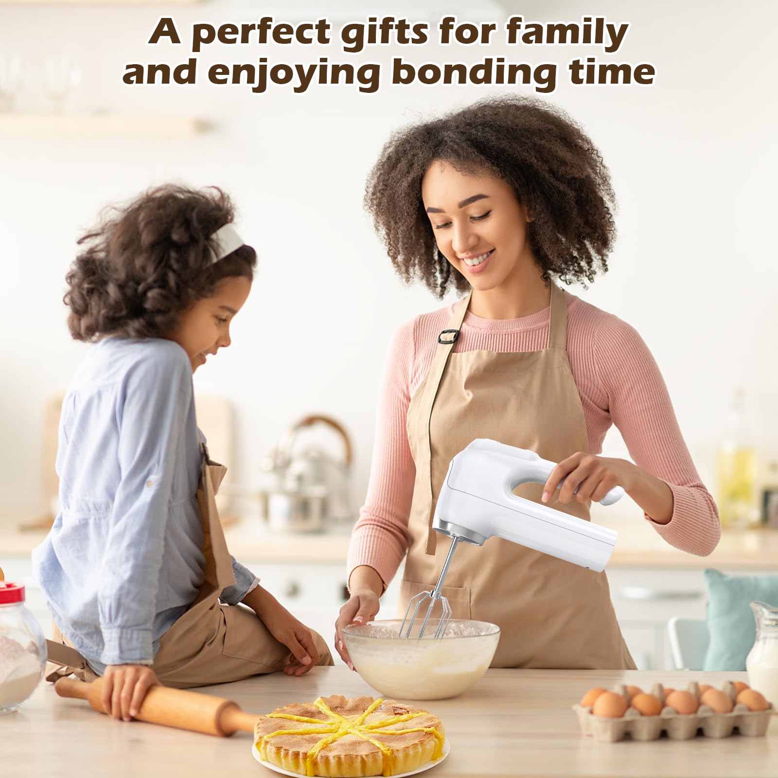 Simivon Rechargeable Hand Mixer - Portable Cordless Electric Mixer with One-Touch Ejector,2 Easy-to-Clean Stainless Steel Dough Hooks,2 Whisks for Easy Whipping, Stirring,Mixing,3 Speed,Pearl White
