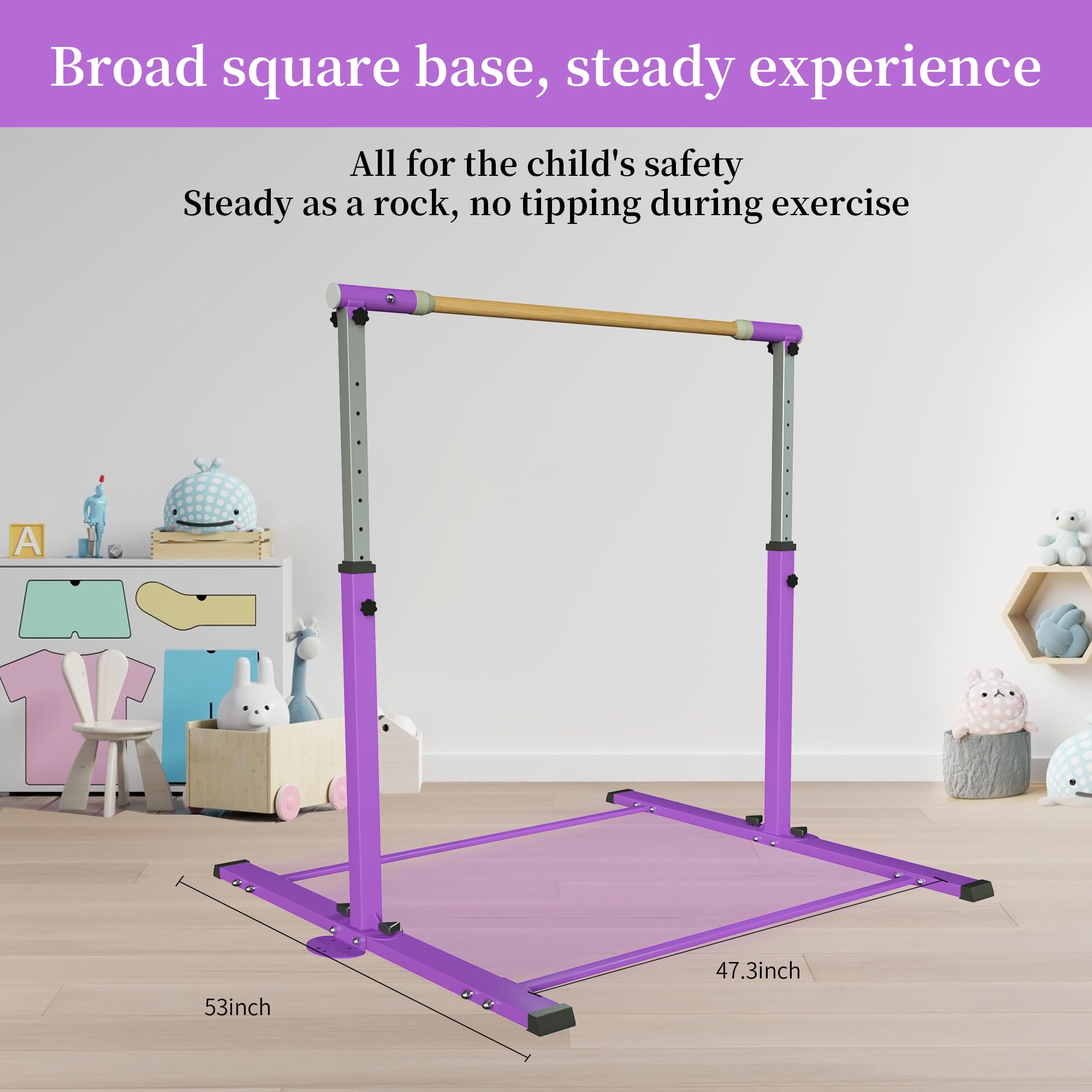 EL&IT·Wings Kip Bar,Horizontal Bar,Adjustable Height 3'-5' Gymnastics Bar,Fiberglass Rail & 304 Stainless Steel Regulating Arms,Kids and Gymnast Exercise Home&Gym Club Use (53*9.7*7inch, Purple, 1)