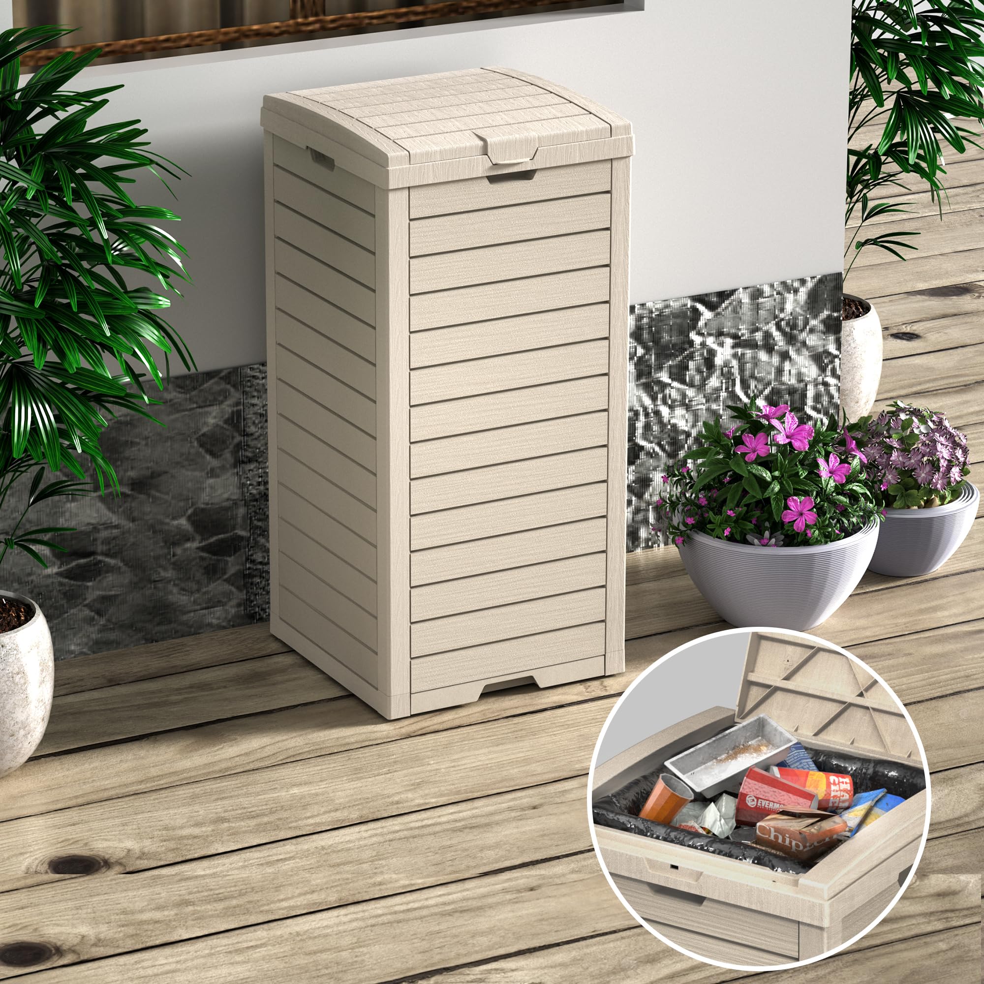 GYMHILL 31 Gallon Outdoor Trash Can, Waterproof Resin Garbage Can with Tiered Lid and Drip Tray, Outside Trash Bin for Patio, Backyard