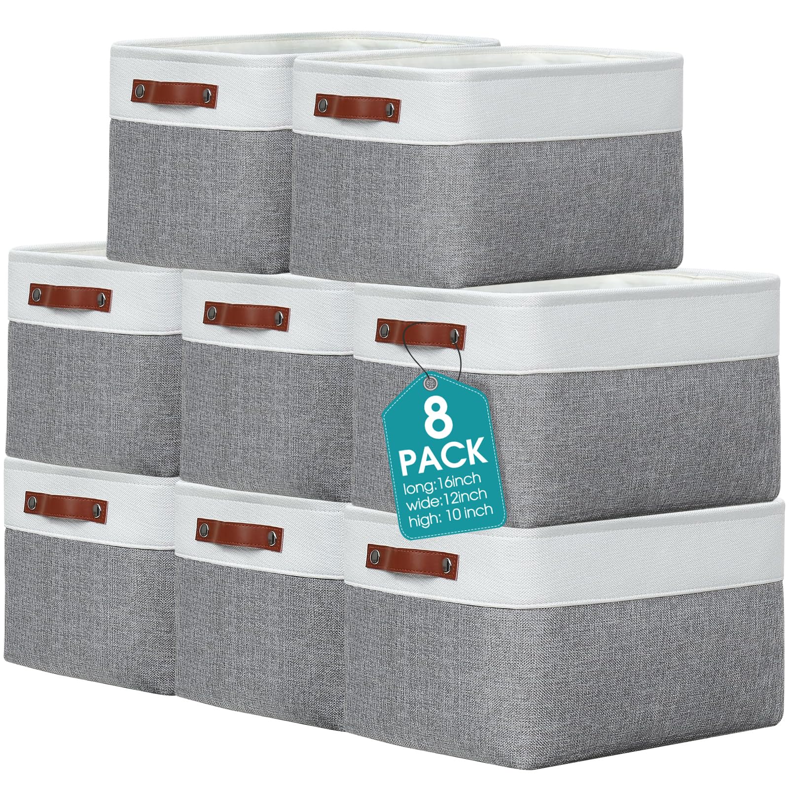 Uiifan 8 Pack Fabric Storage Basket Storage Bin with Handles Linen Decorative Storage Containers Organization Bins for Shelves Closet Organizer Baskets for Toy Nursery (Gray,16 x 12 x 10 Inch)