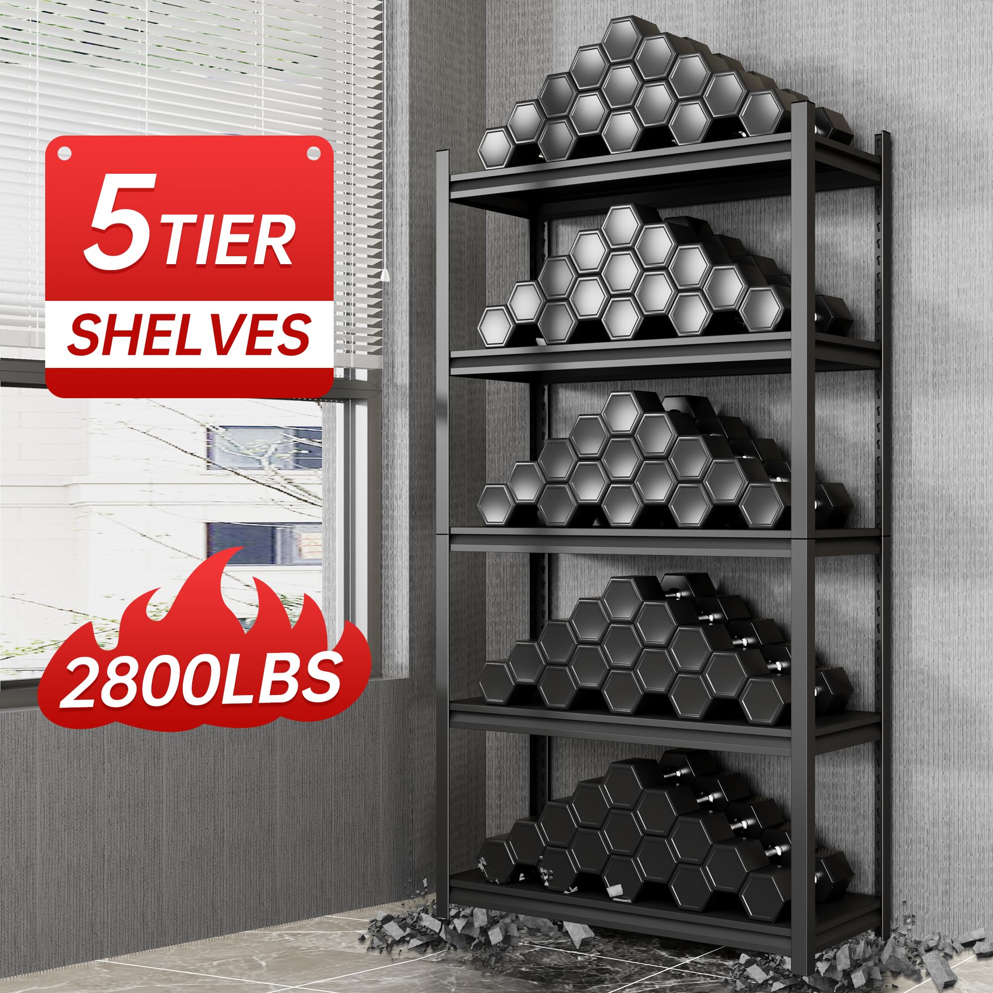 InaryLof Metal Garage Shelving, Adjustable 5-Tier Heavy Duty Shelving, 2800 LBS Garage Shelving Unit and Storage,Garage Storage Shelves for Basement,Warehouse,Kitchen (15.7" D*35.5" W*72" H)