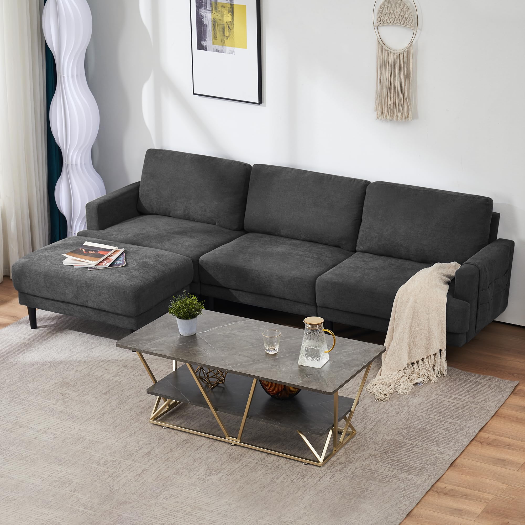MCombo Sectional Couch Sofa L Shaped Couch for Living Room 3-Seat Dark Grey Sofa for Bedroom Modern Couch Set of 4 for Small Space Apartment Velvet Couch with Ottoman