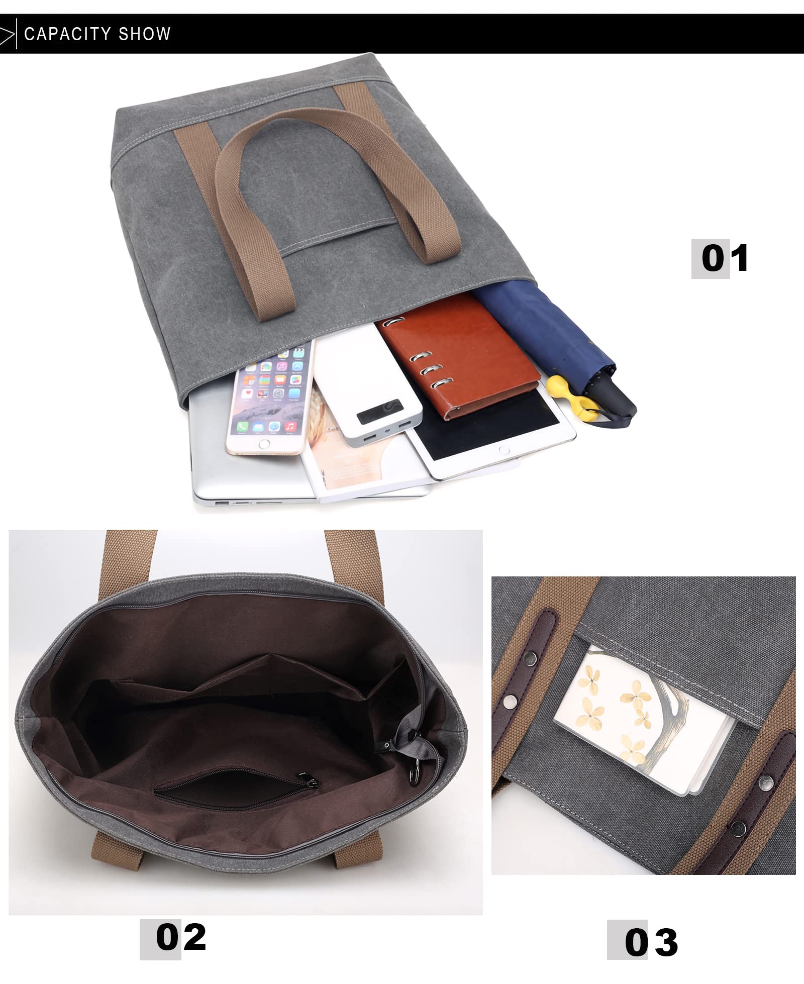 Eamom large vintage bags for women canvas tote bag with zipper shoulder purses and handbags (Grey)