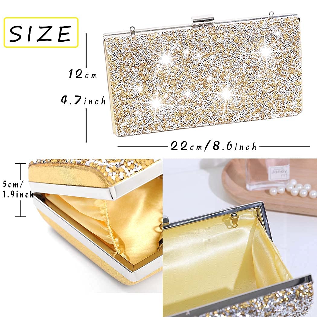 ELABEST Glitter Evening Clutch Bag Single Sided Diamond Bag Crossbody Purse Wedding Party Bag for Women (Gold)