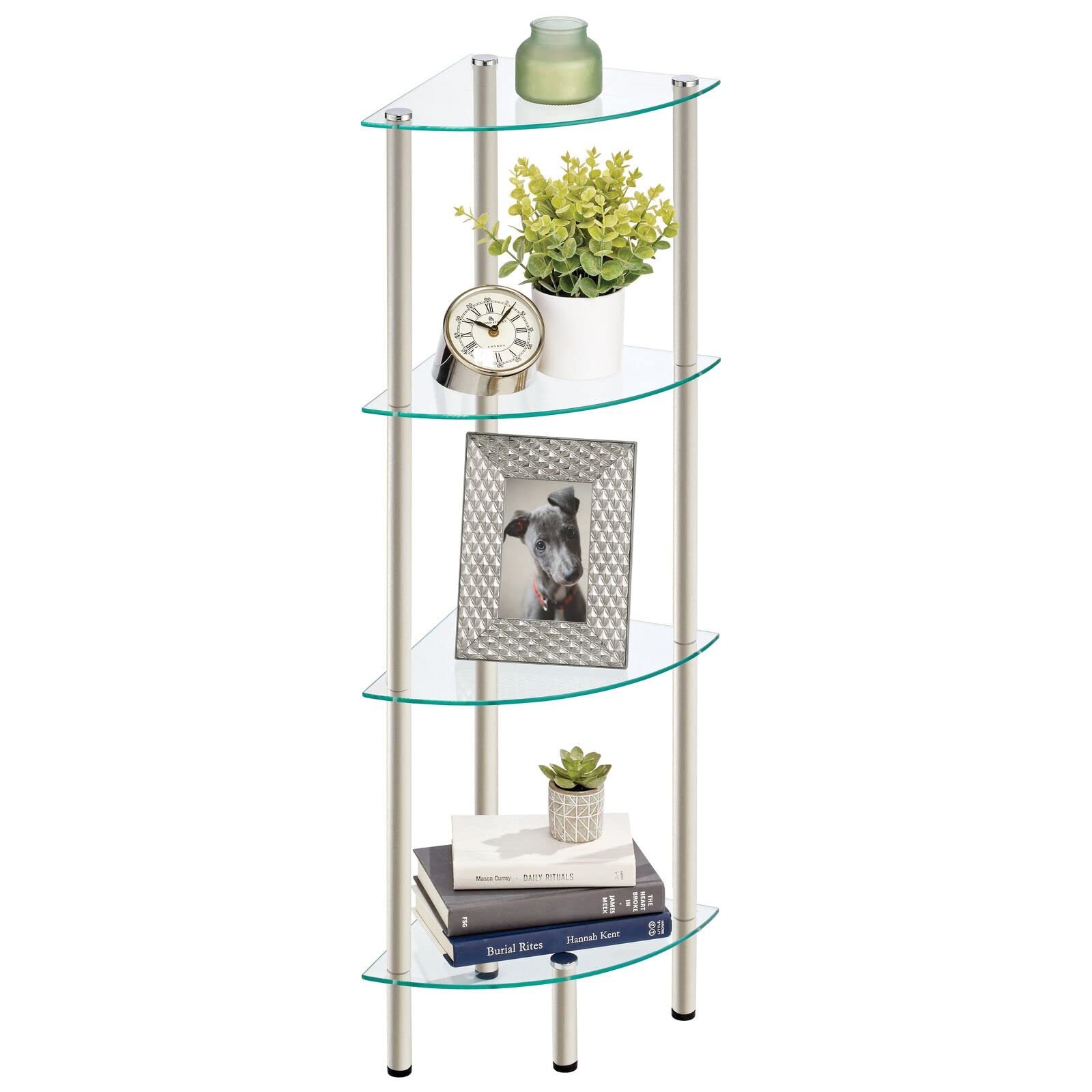 mDesign Modern Glass Corner 4-Tier Storage Organizer Tower Cabinet with Open Shelves - Display Furniture for Bathroom, Office, Bedroom, Living Room - Holds Books, Plants, Candles - Satin/Clear