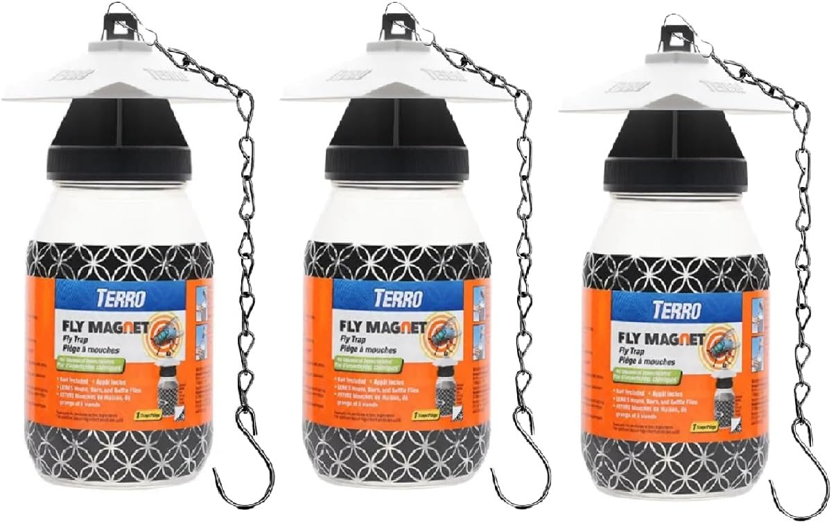 Plexon 3 Pack of TERRO Fly Magnet, Reusable Fly Trap - Includes 3 Fly Bait Packet and 3 Heavy Duty 9.5 PLEXON Hanging Chain (3 Traps)