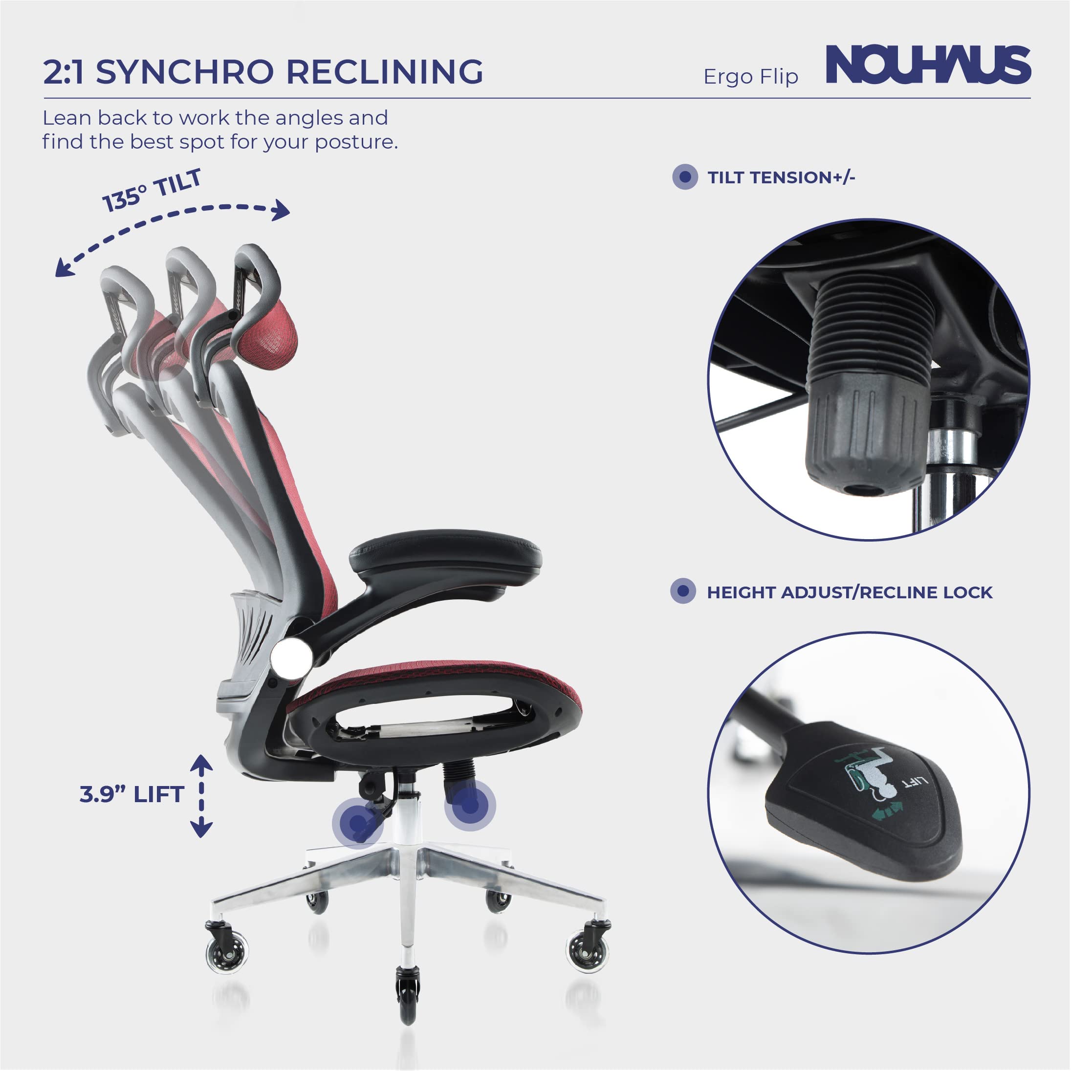 Nouhaus Ergonomic Mesh Office Chair Comfy Gaming Chairs with Adjustable Headrest & Armrest, Big and Tall Swivel Desk Computer Chair Tilt Function(ErgoFlip, Burgundy)