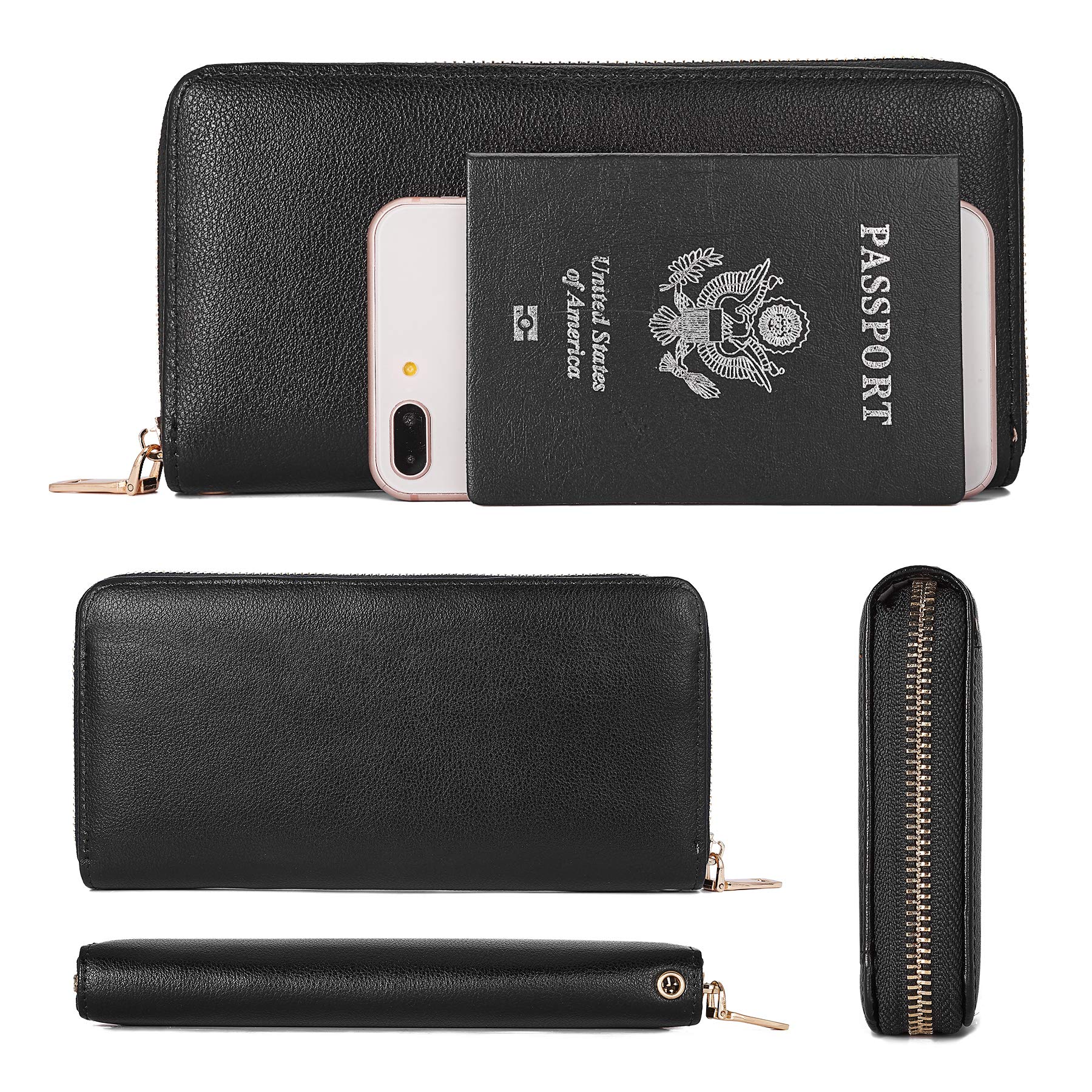 WOZEAH Women's RFID Blocking PU Leather Zip Around Wallet Clutch Large Travel Purse (A black)